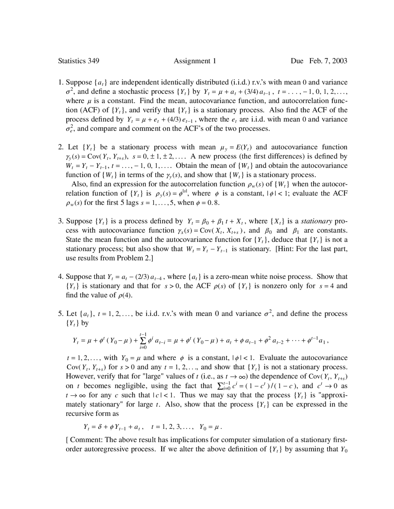 Introduction To Time Series 8 Problems On Homework 1 Stat 349 Docsity
