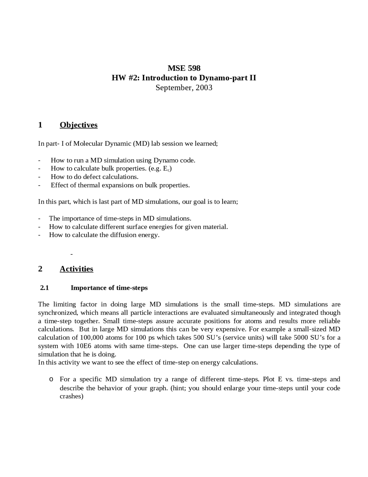 Introduction To Molecular Dynamics Assignment 2 Mse 598 Docsity