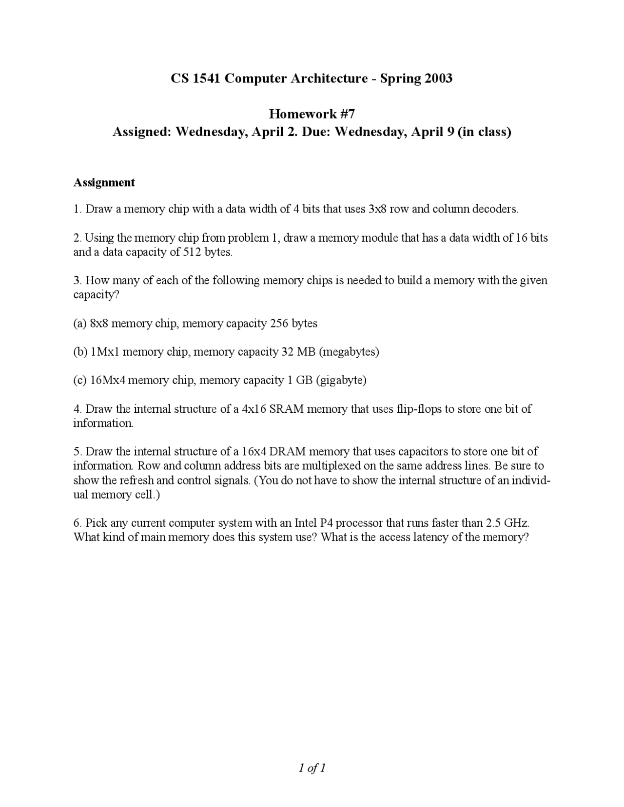 5 Questions For Assignment 7 Introduction To Computer Architecture Cs 1541 Docsity
