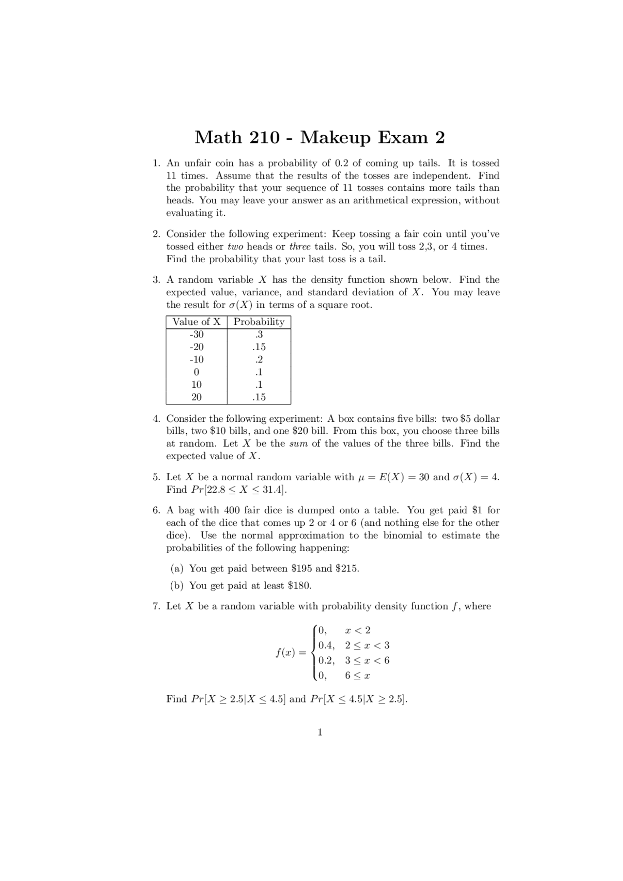 8 Questions Exam 2 Topics In Finite Mathematics Math 210 Docsity