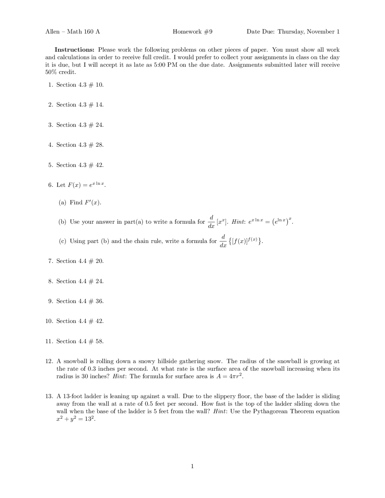 Math 160 Homework #9: Calculus Problems | Assignments Calculus | Docsity
