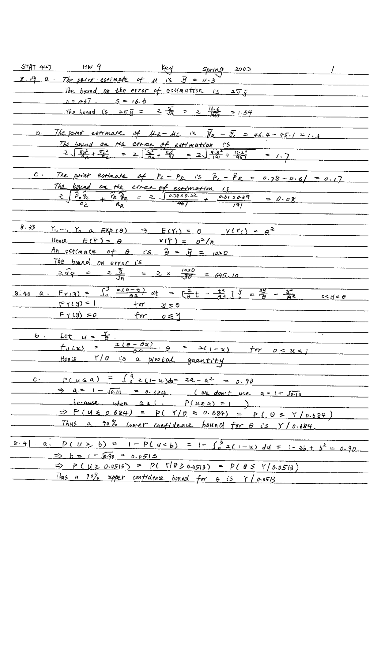Assignment 9 Answer Key Statistical Theory For Resolution Stat 447 Assignments Statistics