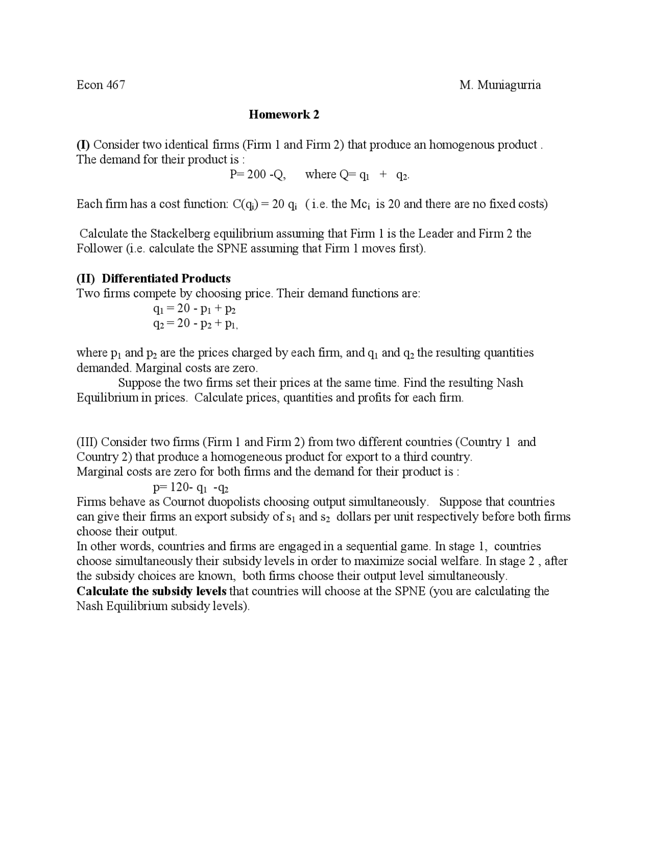 Homework 2 for International Industrial Organizations | ECON 467 - Docsity