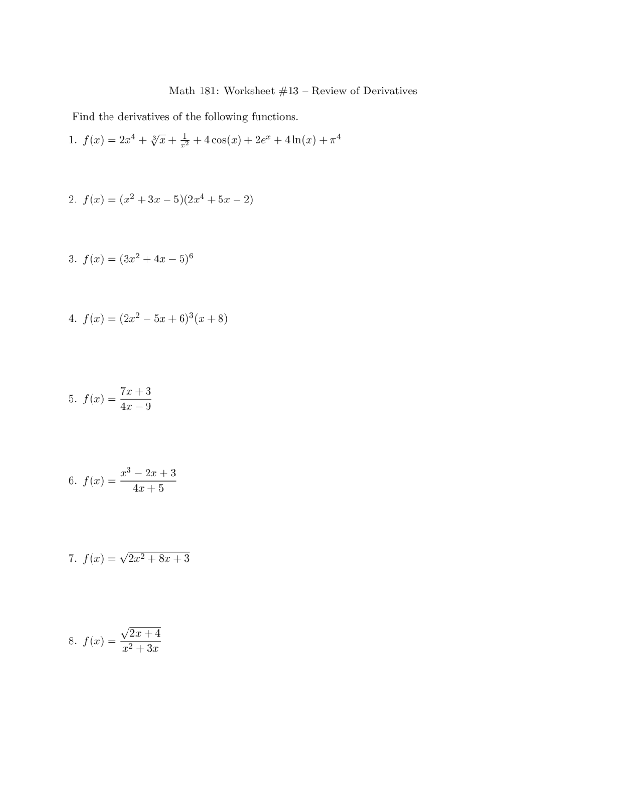 Review Sheet for Derivatives - Worksheet #13 | MATH 181 - Docsity
