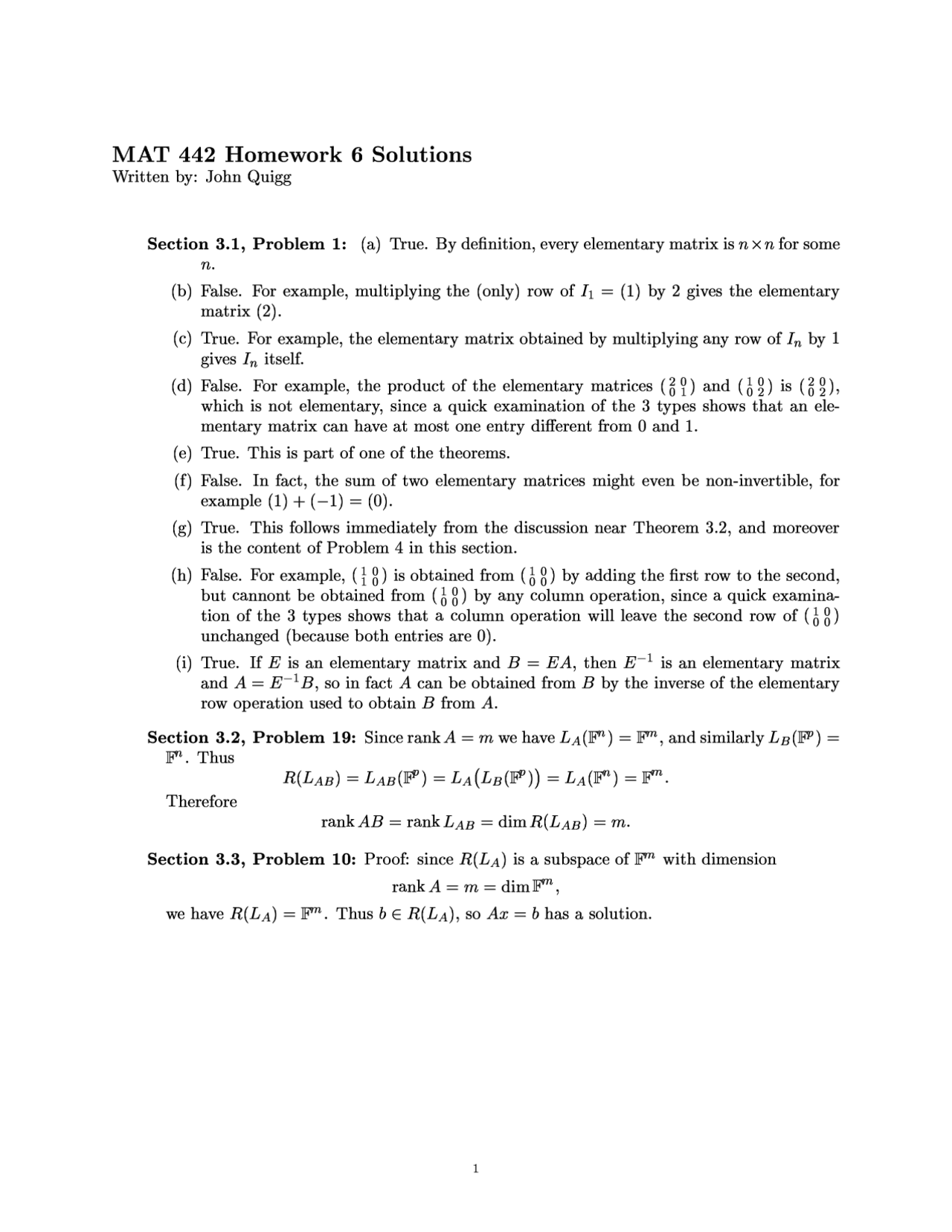 Homework 6 Solutions Of Problems Advanced Linear Algebra Mat 442