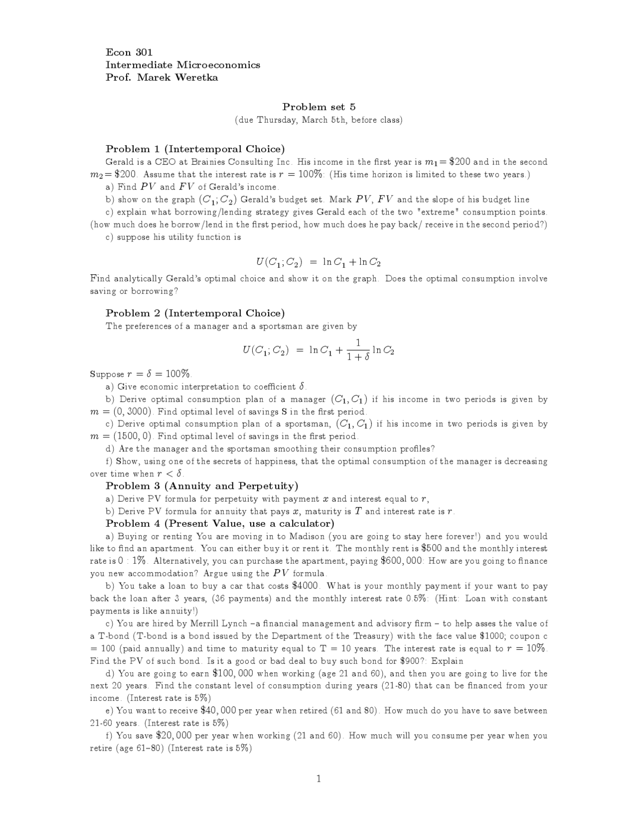 Quiz 6 Applied Mathematical Analysis 2010 Econ 301 Docsity