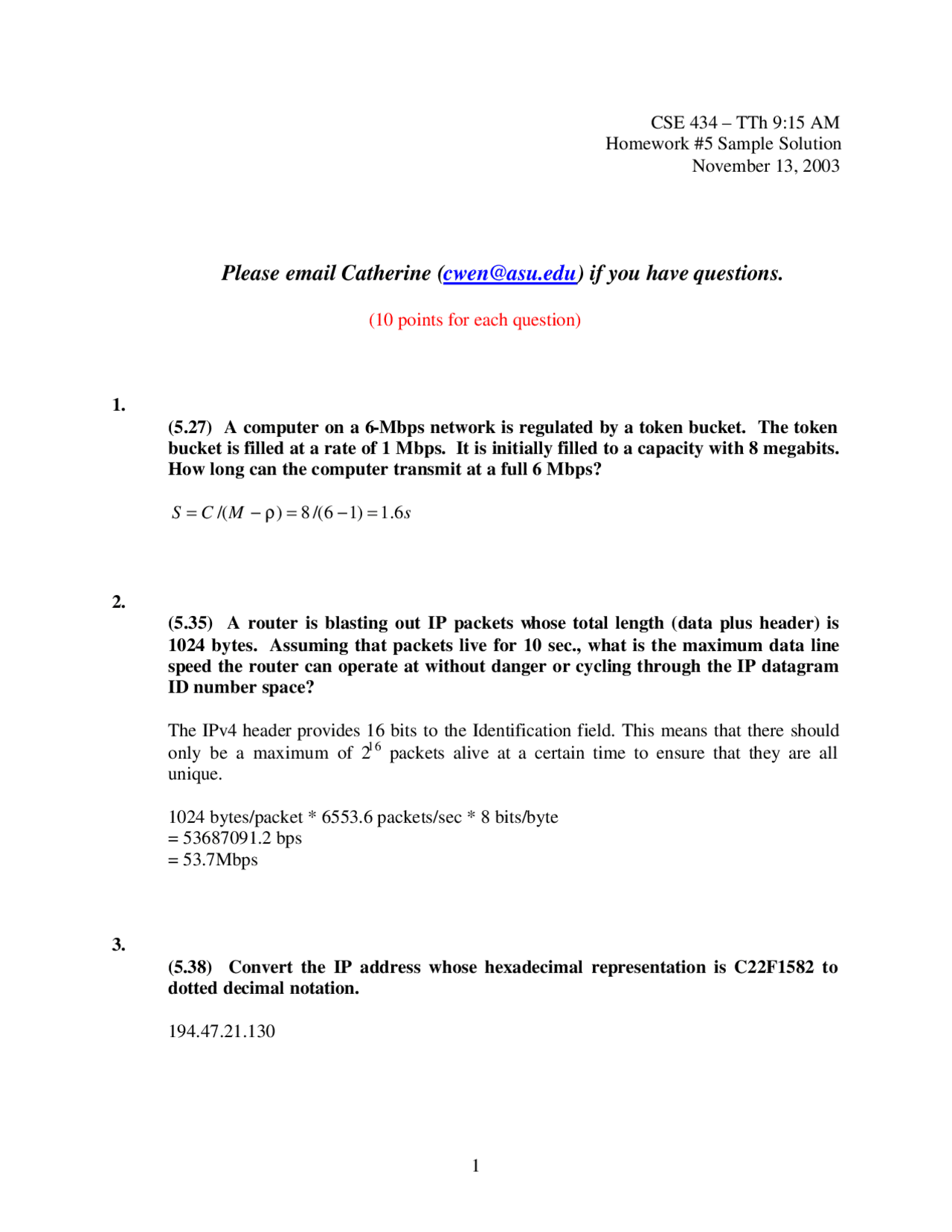 Assignment 6 Questions With Solutions Computer Networks Cse 434 Docsity