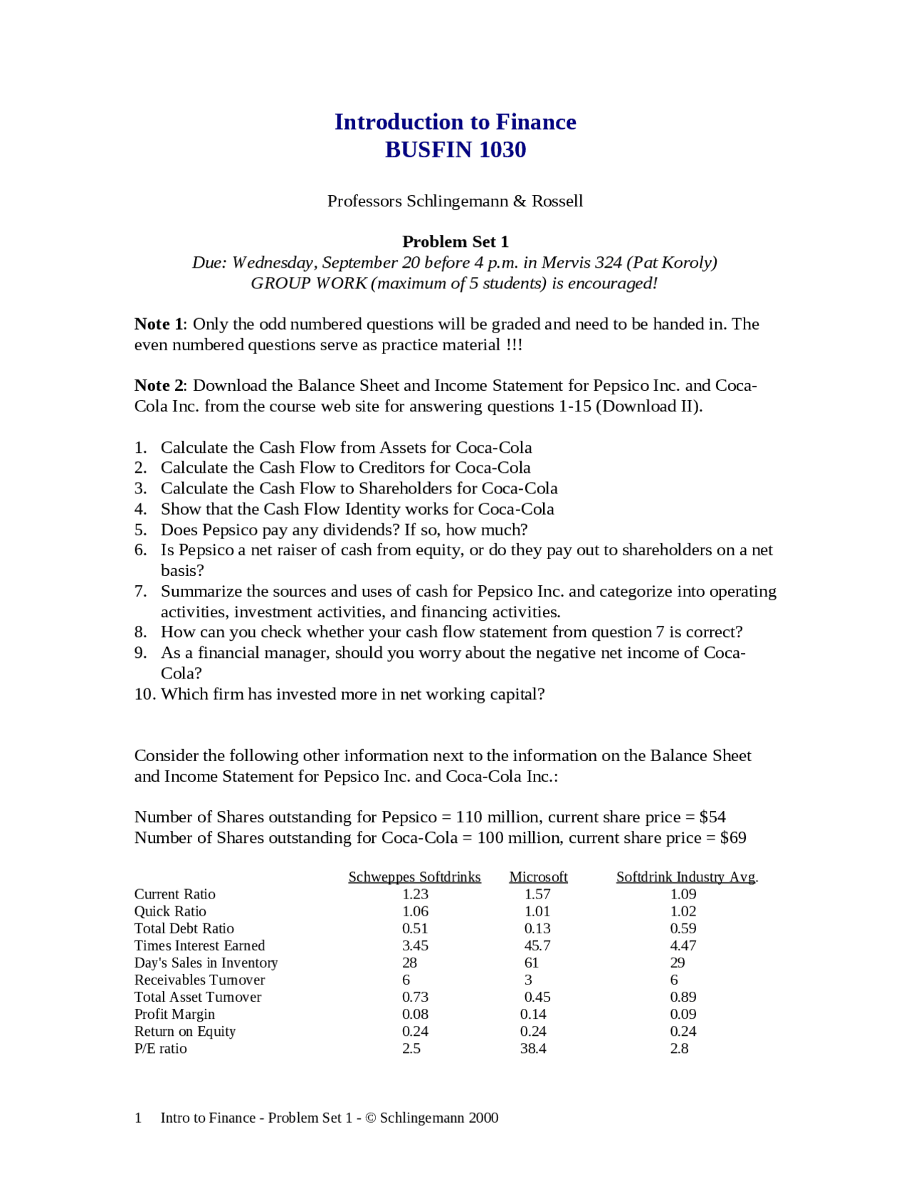 Problem Set 1 for Introduction to Finance | BUSFIN 1030 - Docsity