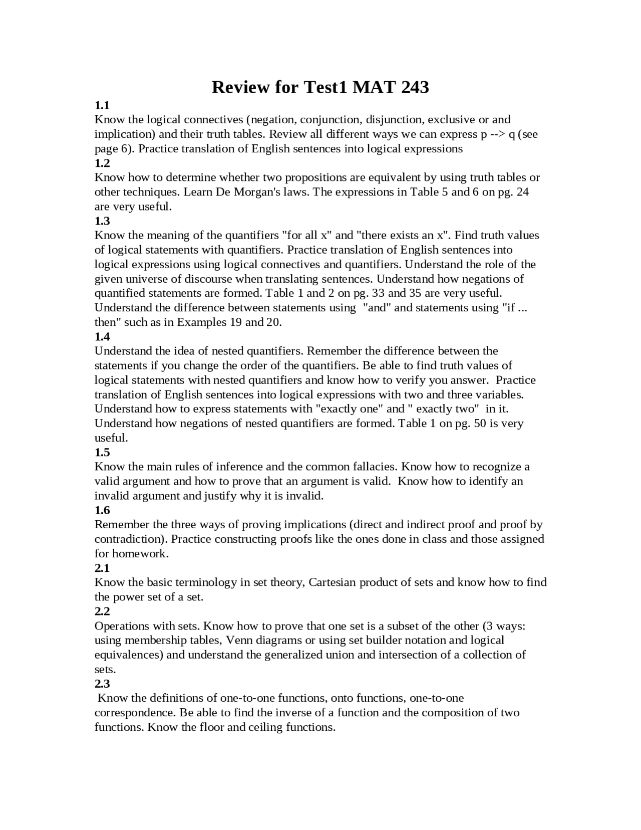 Review For Test 1 Discrete Mathematics Structures Mat 243 Exams