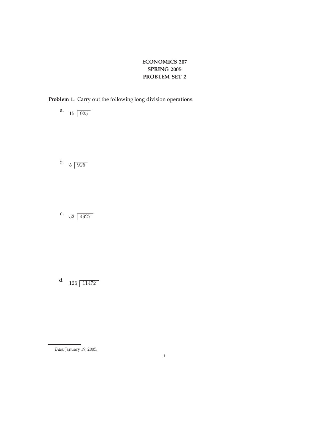 Applied Economic Optimization Problem Set 2 Econ 207 Docsity