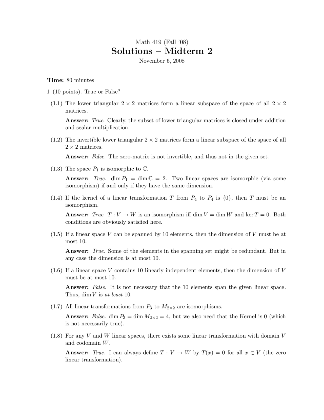 Solutions to Midterm 2 - Linear Spaces Matrix Theory | MATH 419 - Docsity