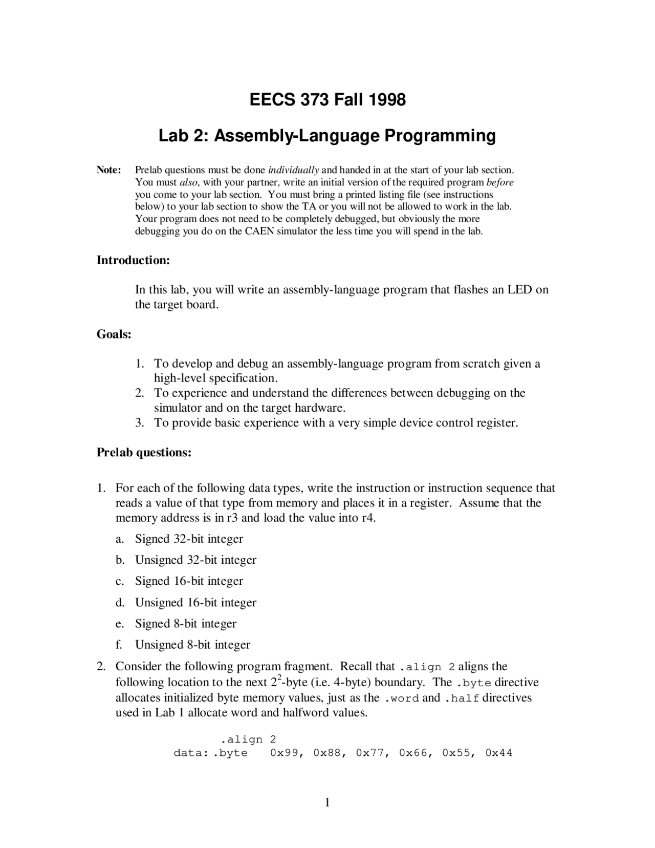 Assembly Language Programming Lab 2 Eecs 373 Docsity