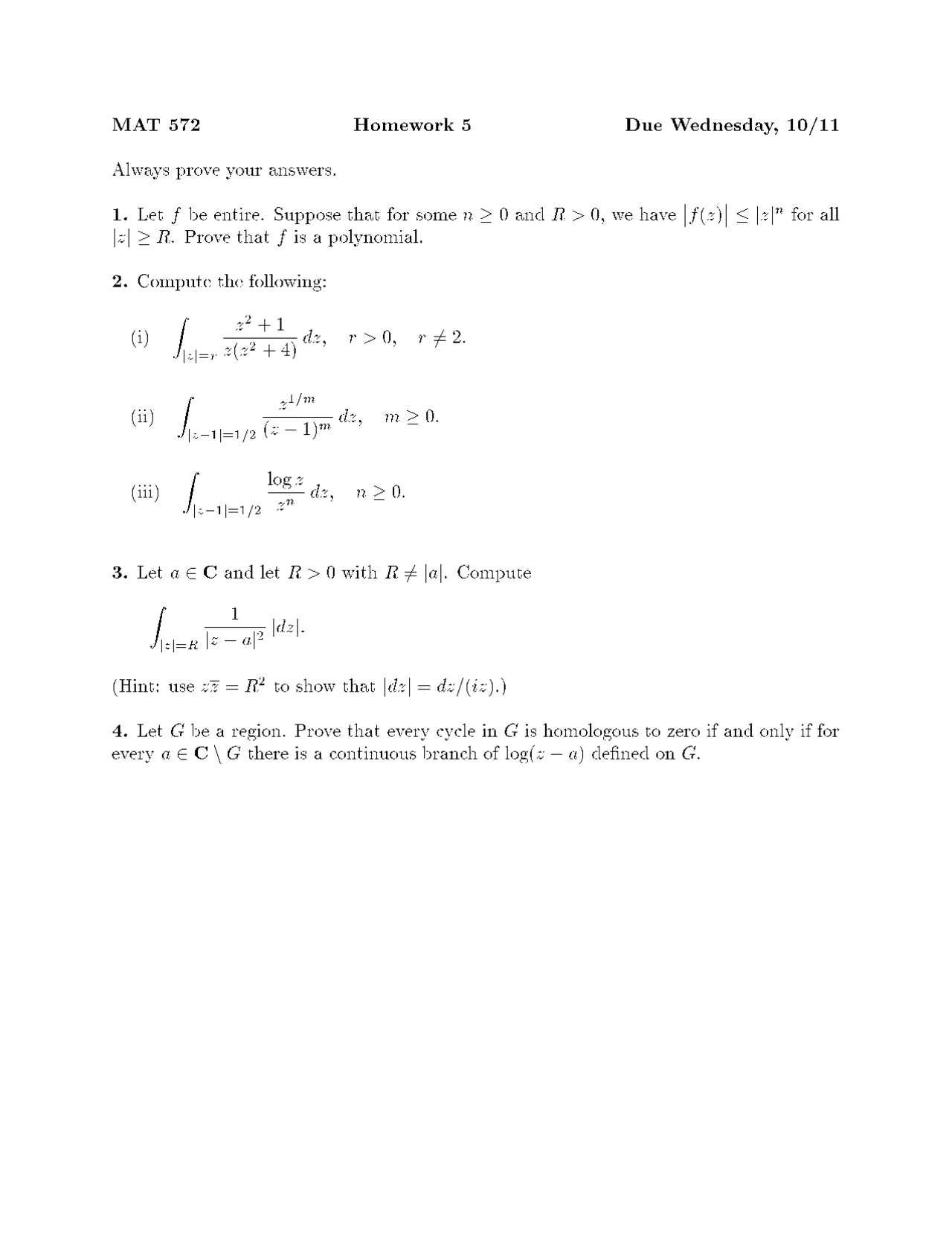 Homework 5 Questions Complex Analysis Mat 572 Docsity