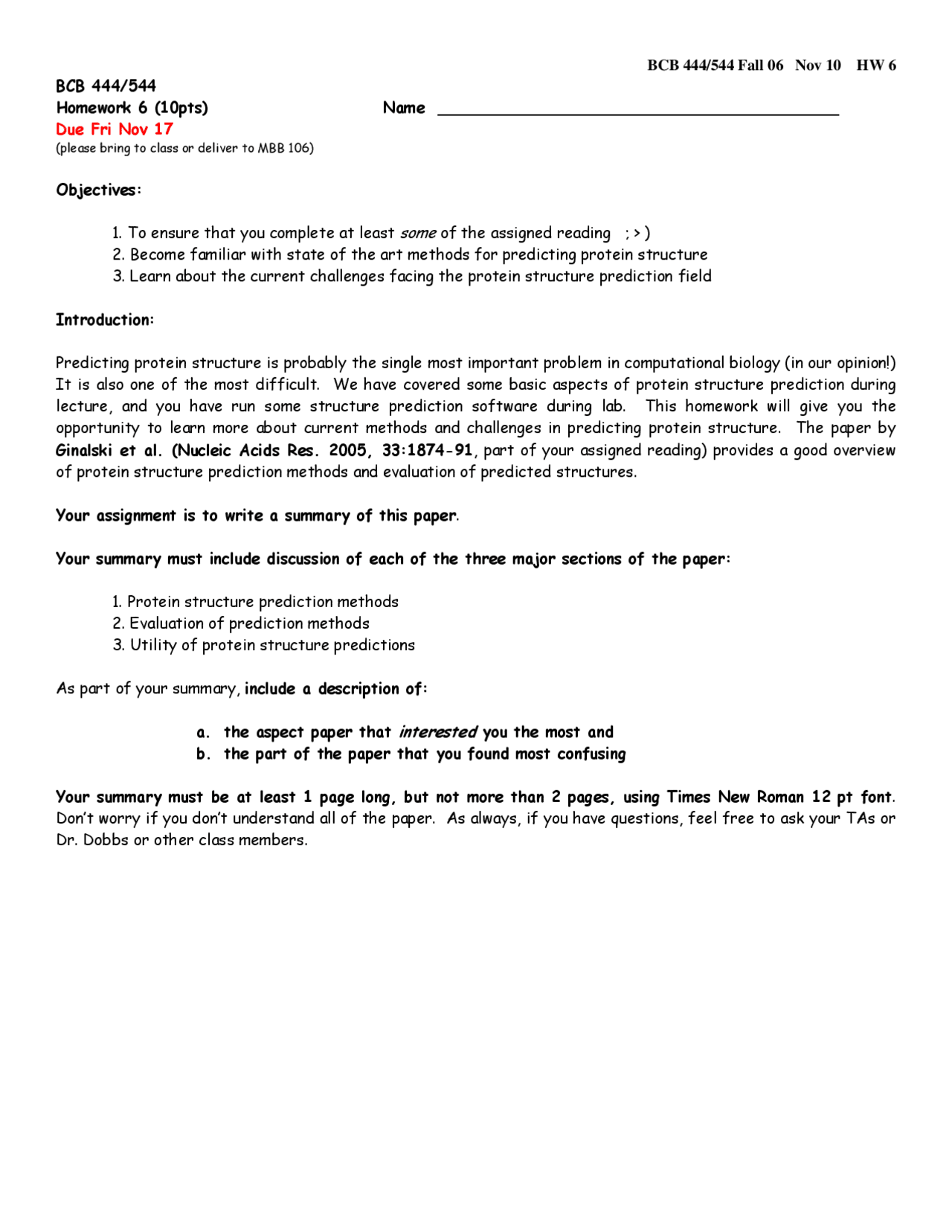 Questions For Assignment 6 Introduction To Bioinformatics Bcb 444