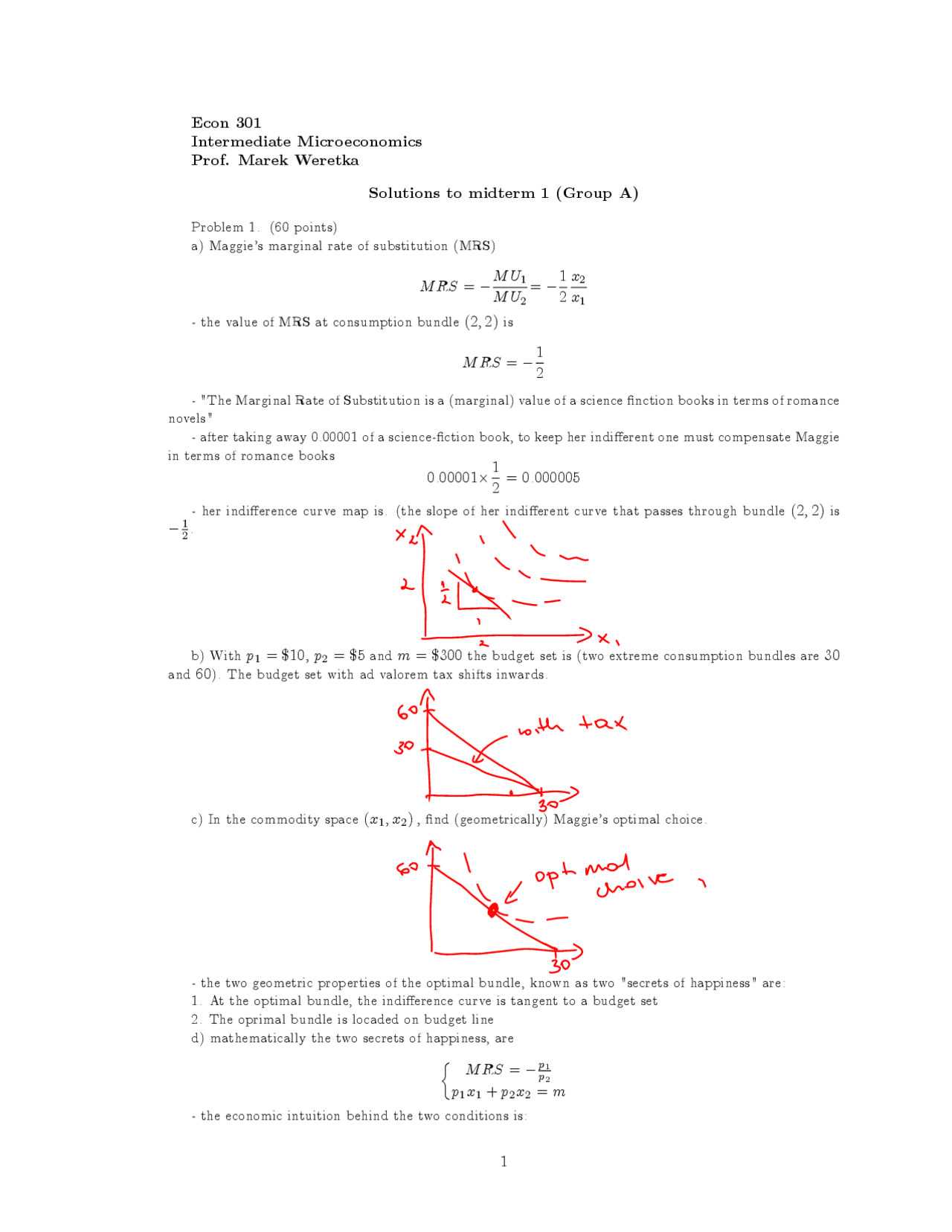 Solved Problems On Marginal Rate Of Substitution Midterm Exam Econ