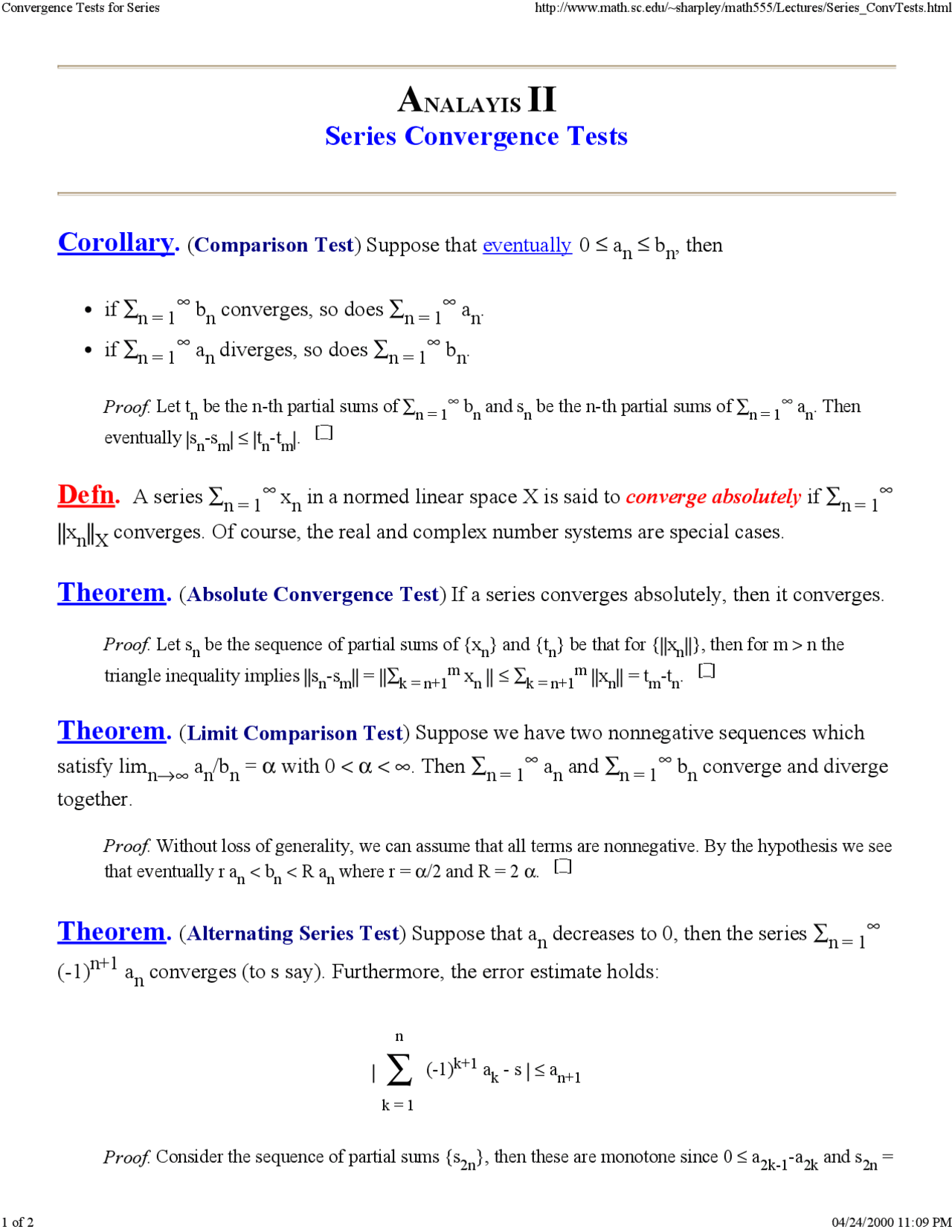 Series Convergence Tests Analysis Ii Math 555 Docsity