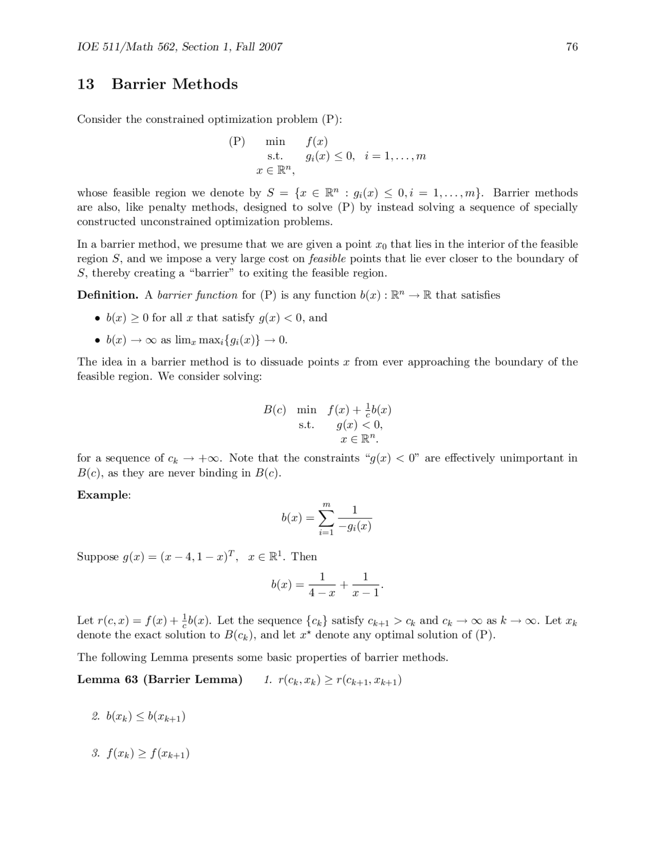 Barrier Methods Lecture Notes Continuous Optimization Methods Ioe