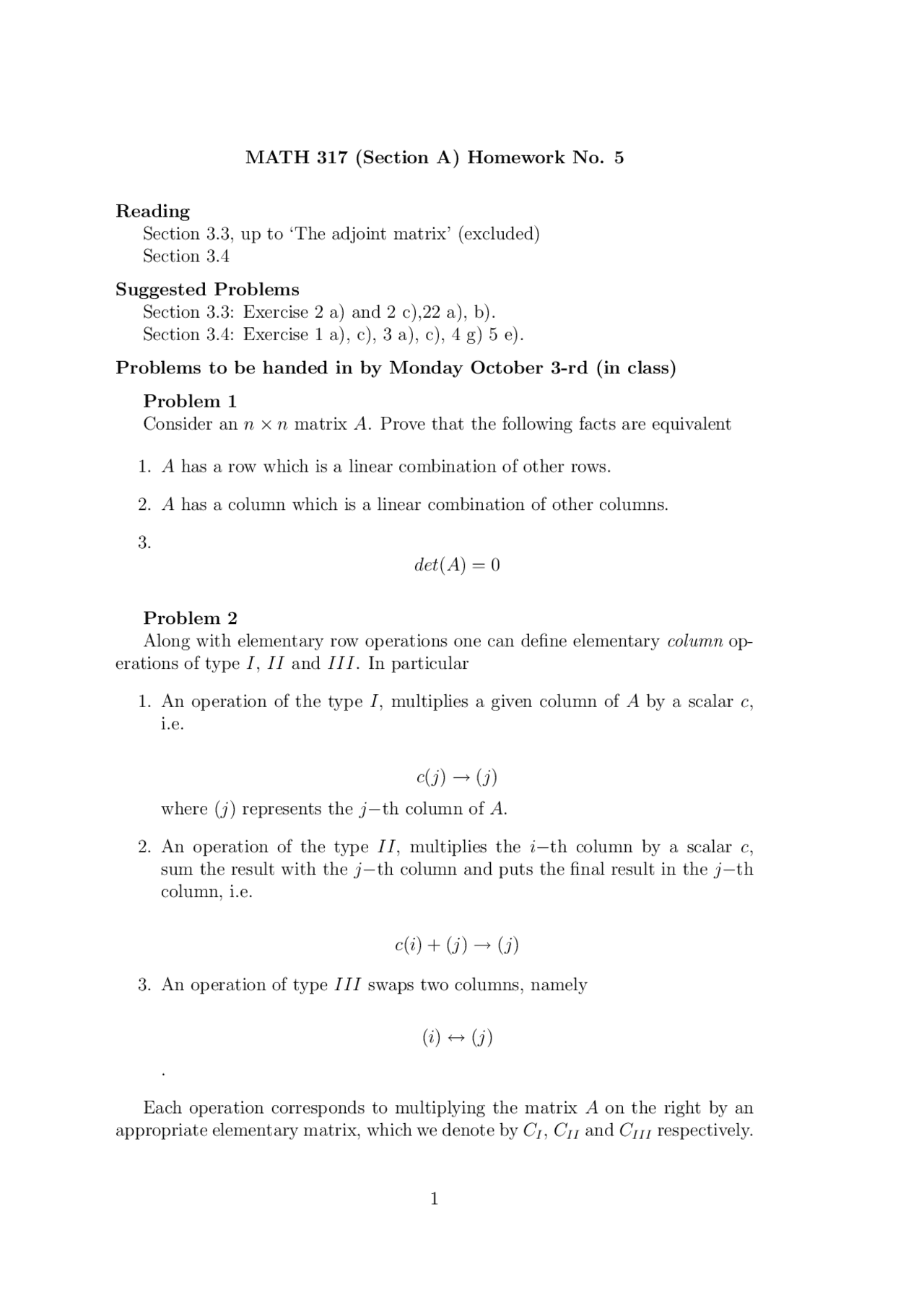 Theory Linear Algebra Homework 5 Questions Math 317 Docsity