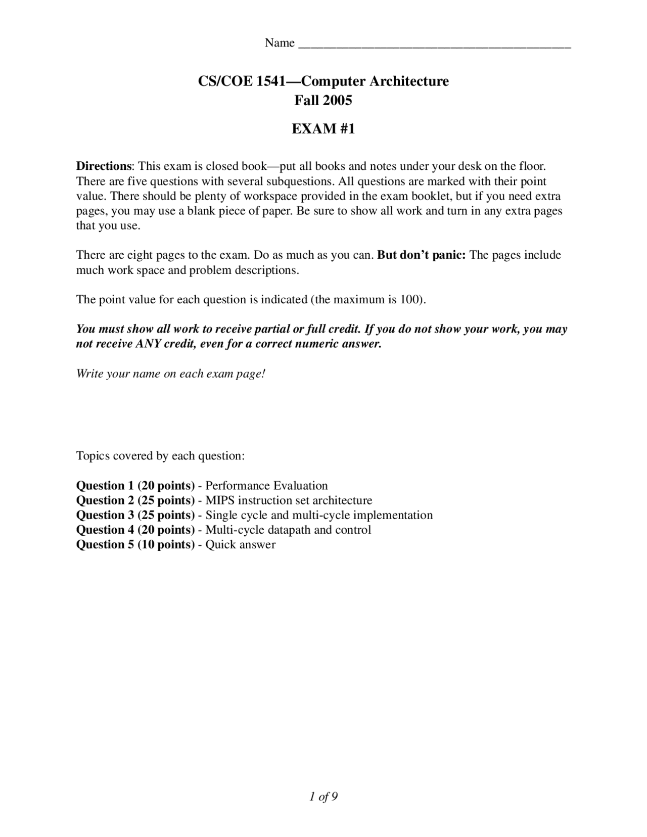 Practice Exam Introduction To Computer Architecture Cs 1541 Docsity