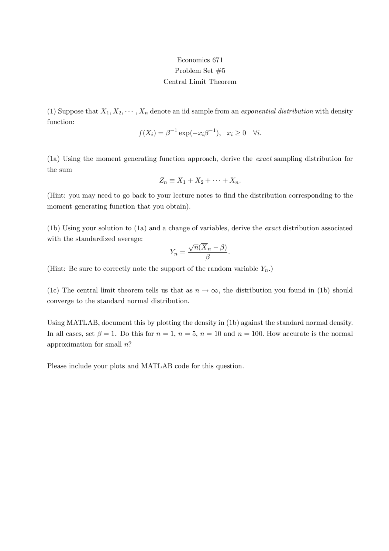 Problem Set 5 for Central Limit Theorem | ECON 671 - Docsity