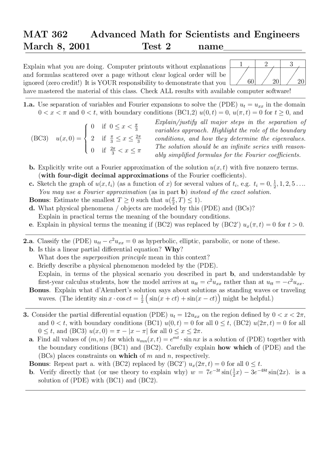 Test 2 Advanced Mathematical For Scientists And Engineers Fall 2001
