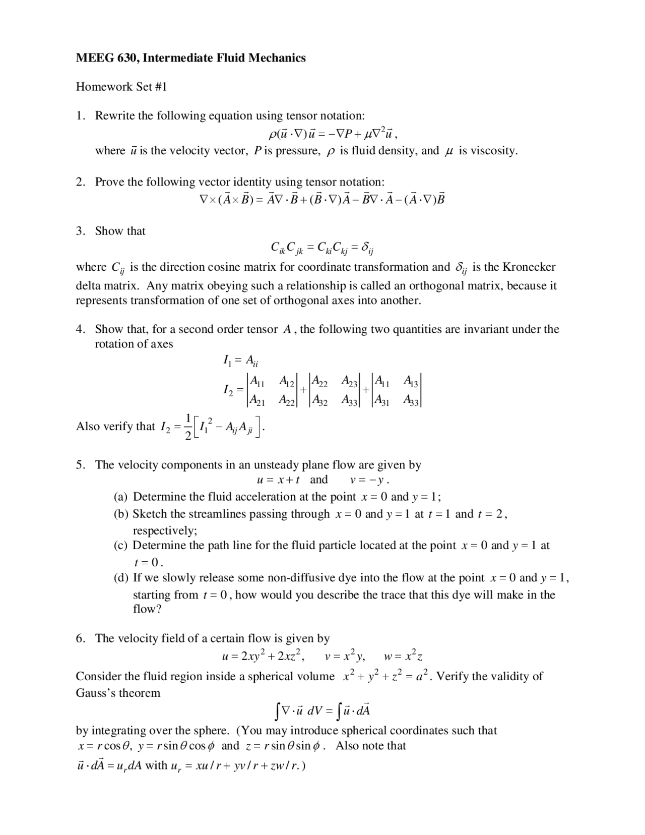Homework 1 - Intermediate Fluid Mechanics | MEEG 630 - Docsity