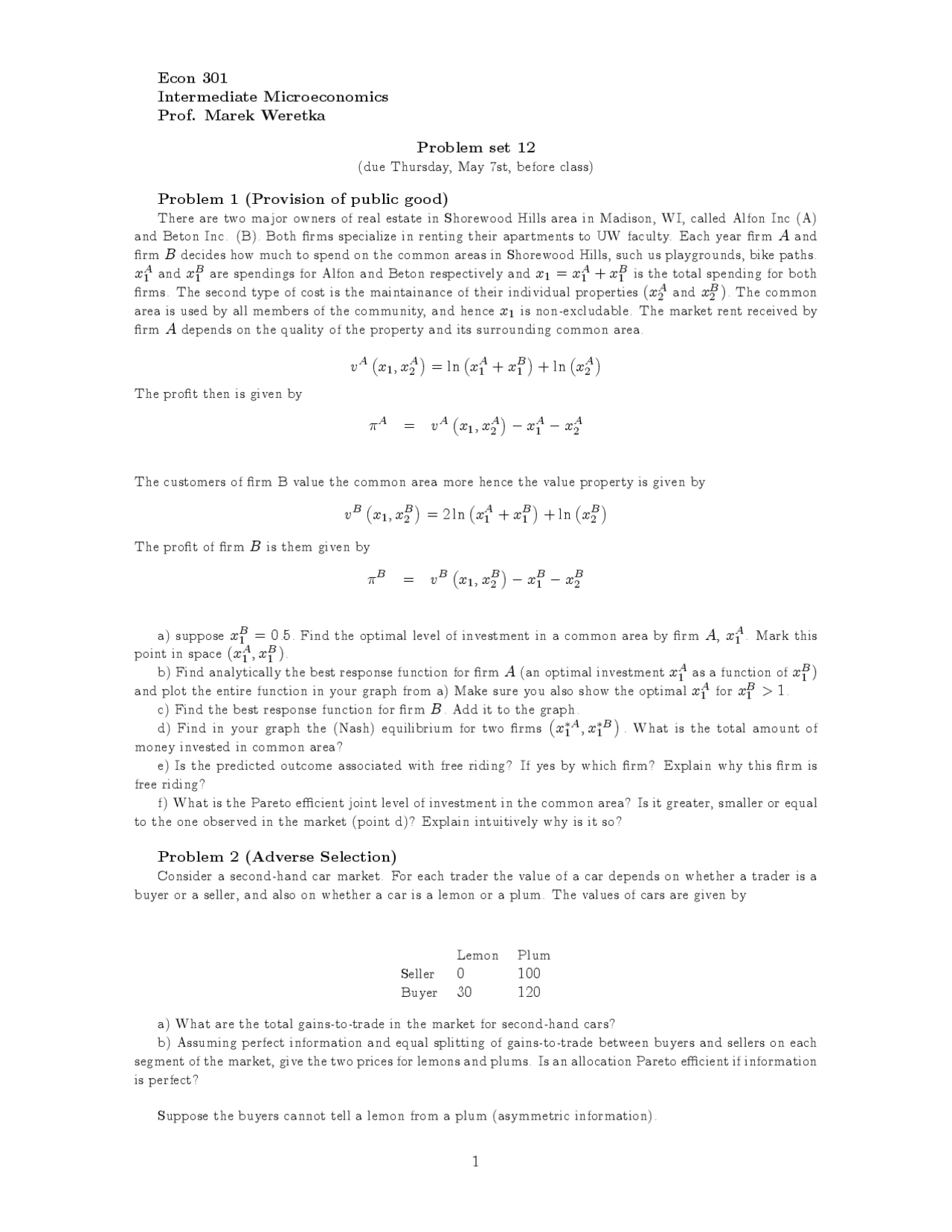 Intermediate Microeconomic Theory Problem Set 2 Econ 301 Docsity