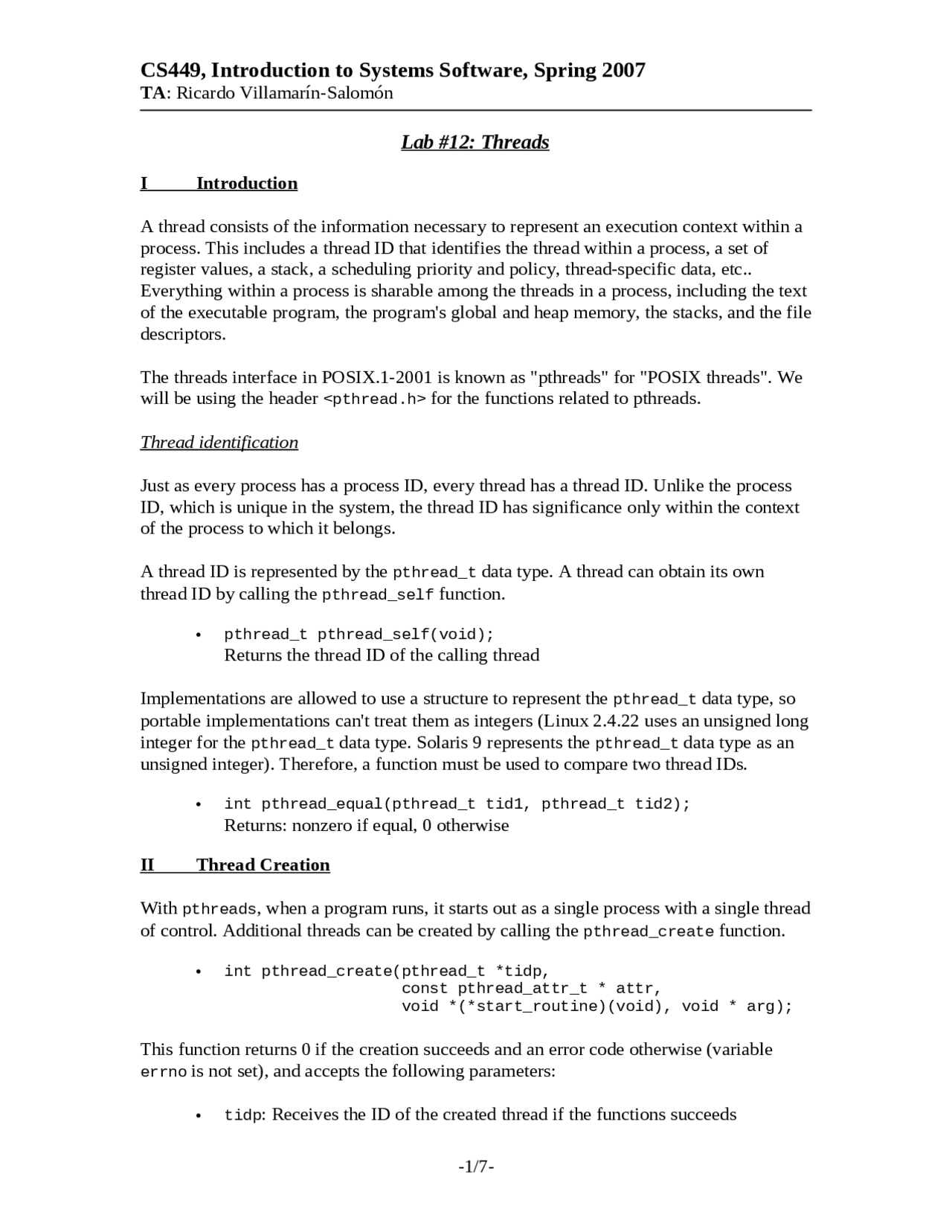 Laboratory 12 - Threads - Introduction to System Software | CS 0449 - Docsity