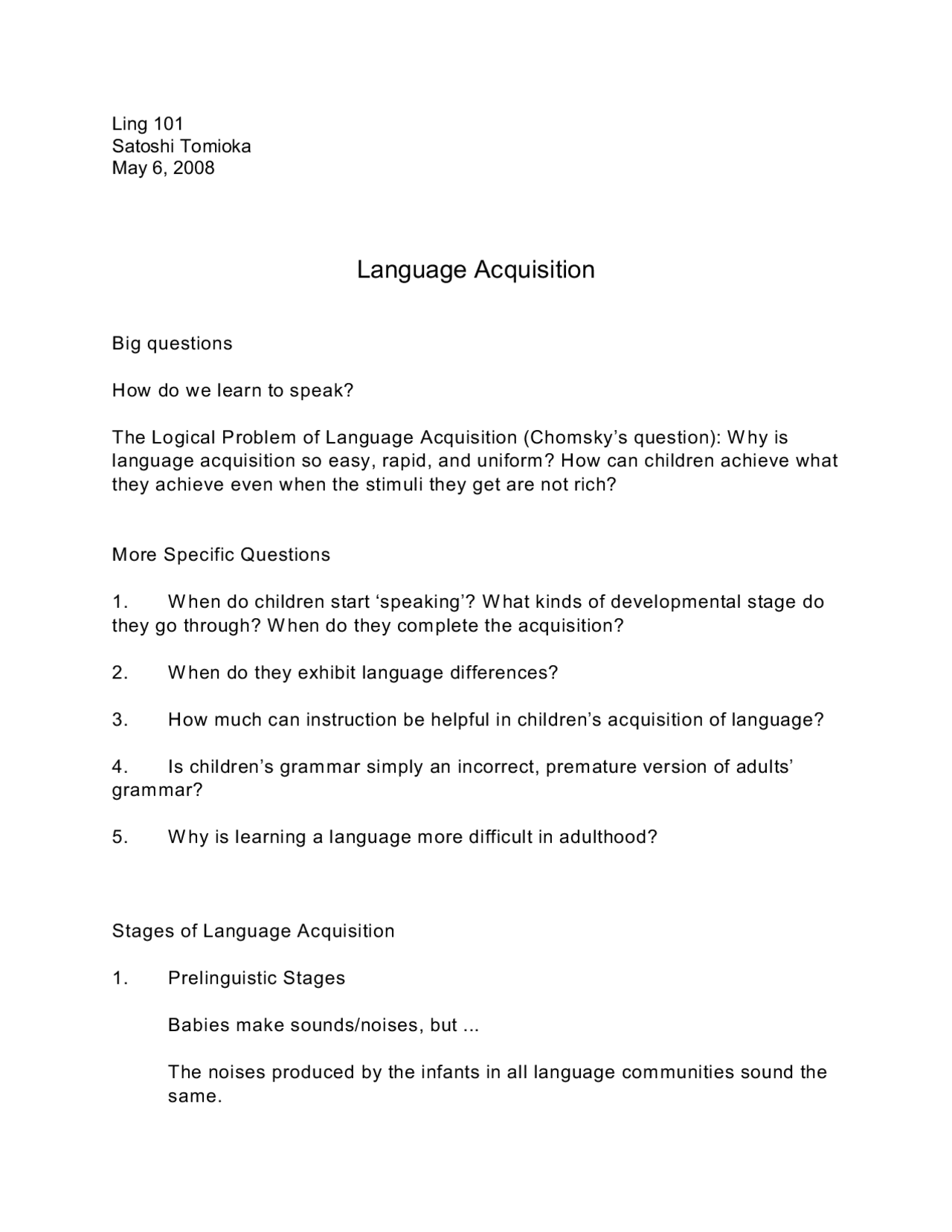 Language Acquisition Introduction To Linguistics I Ling 101 Docsity