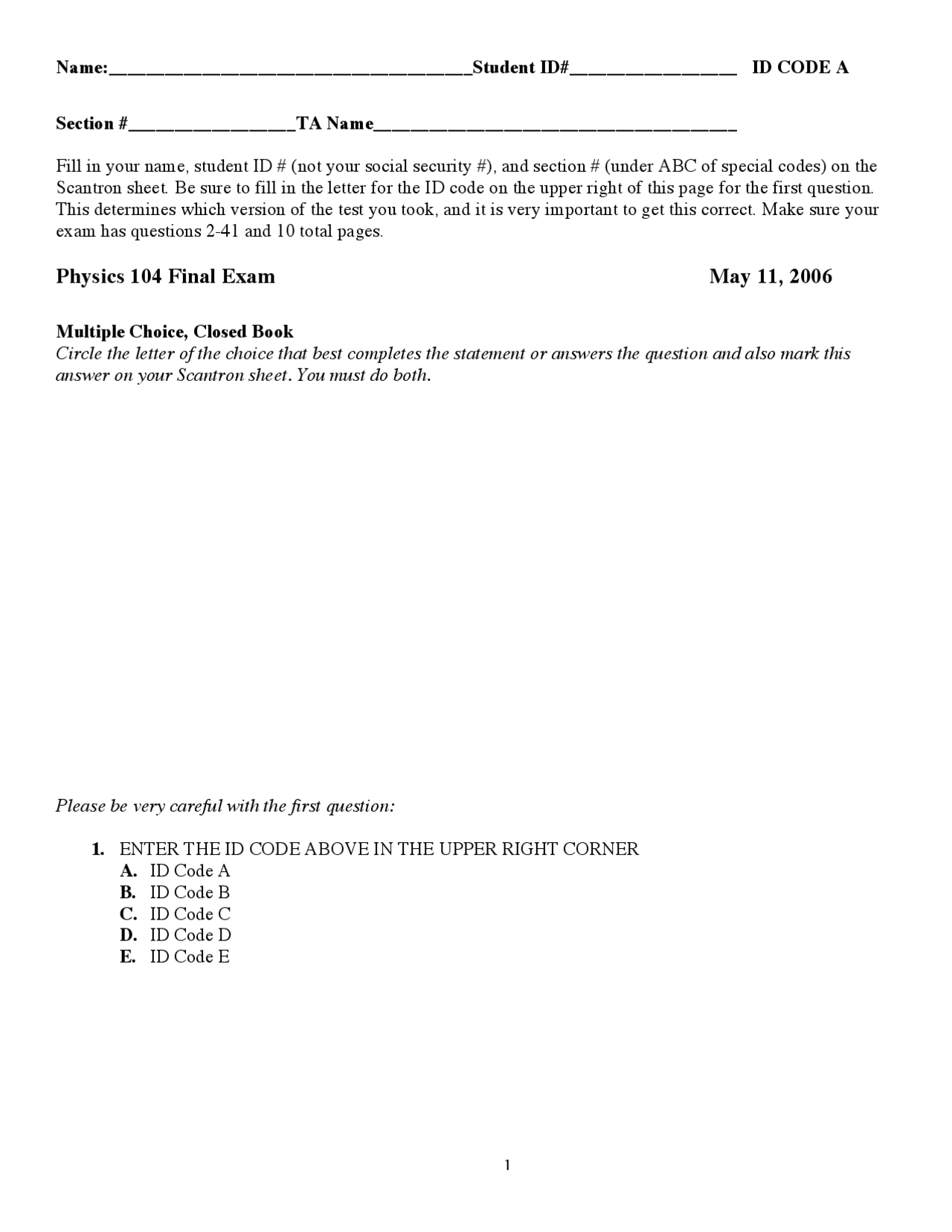General Physics Final Exam Mcqs Physics 104 Docsity