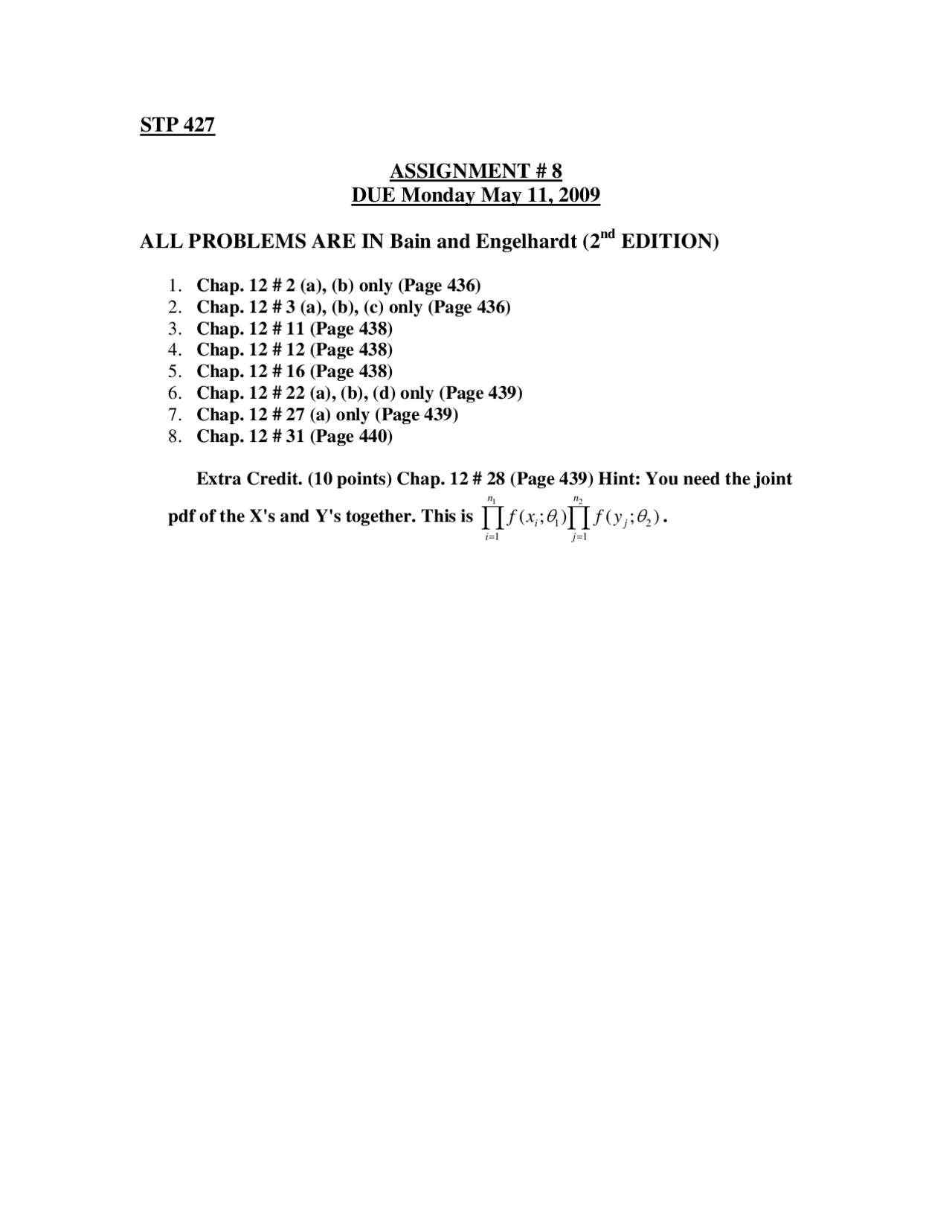 Homework 8 Problems Mathematical Statistics Stp 427 Docsity