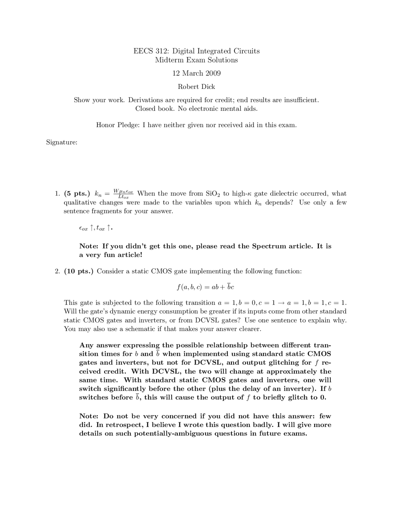 Midterm Exam Solutions Digital Integrated Circuits Spring 2009 Eecs 312 Docsity