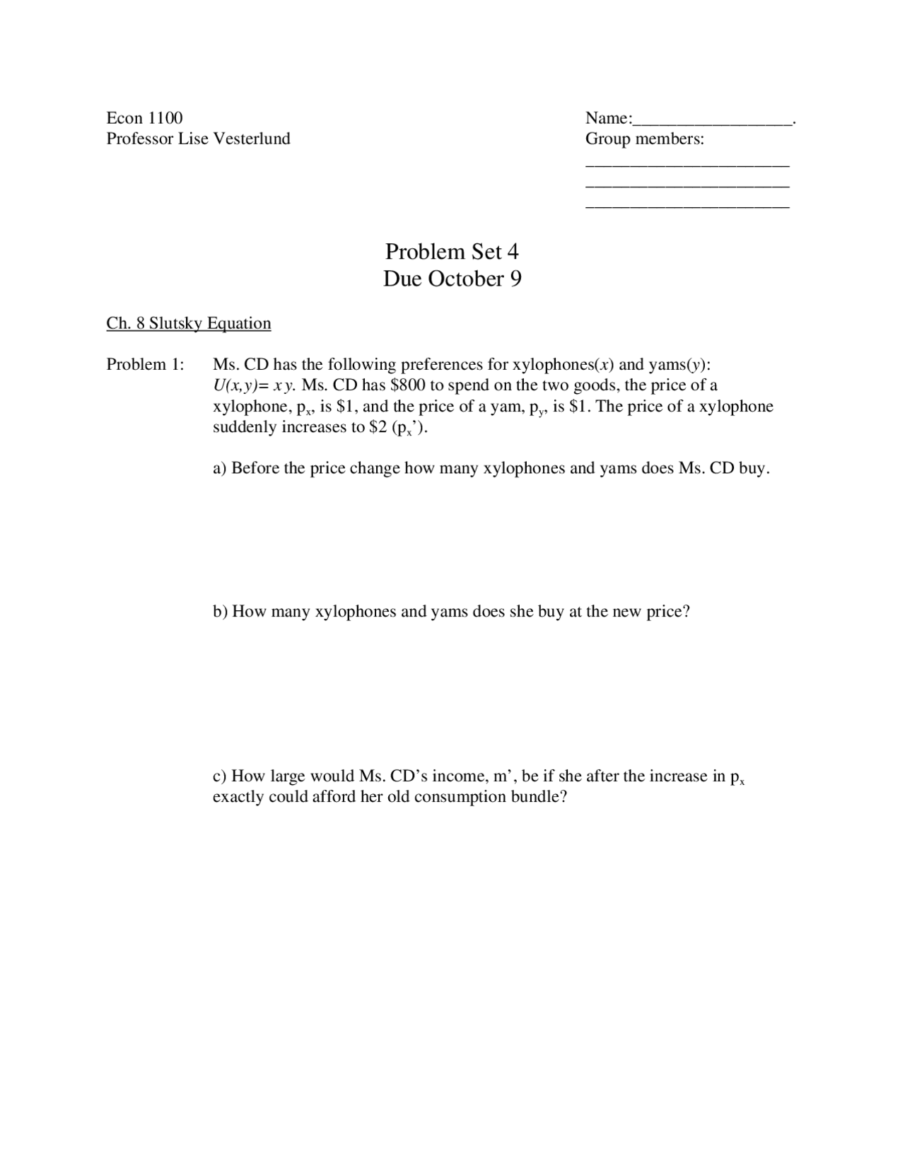 Problem Set 4 Intermediate Microeconomics Econ 1100 Docsity