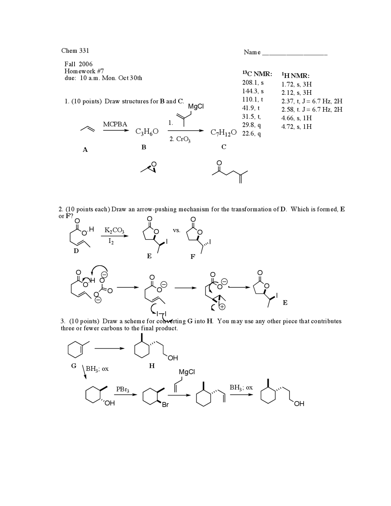 Homework 7 Questions Unsolved Organic Chemistry Chem 331 Docsity