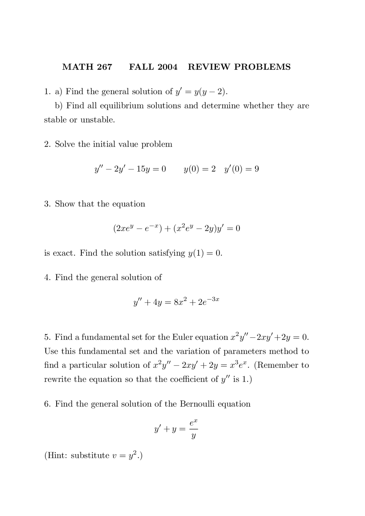 Review Problems Differential Equations And Transforms Math 267