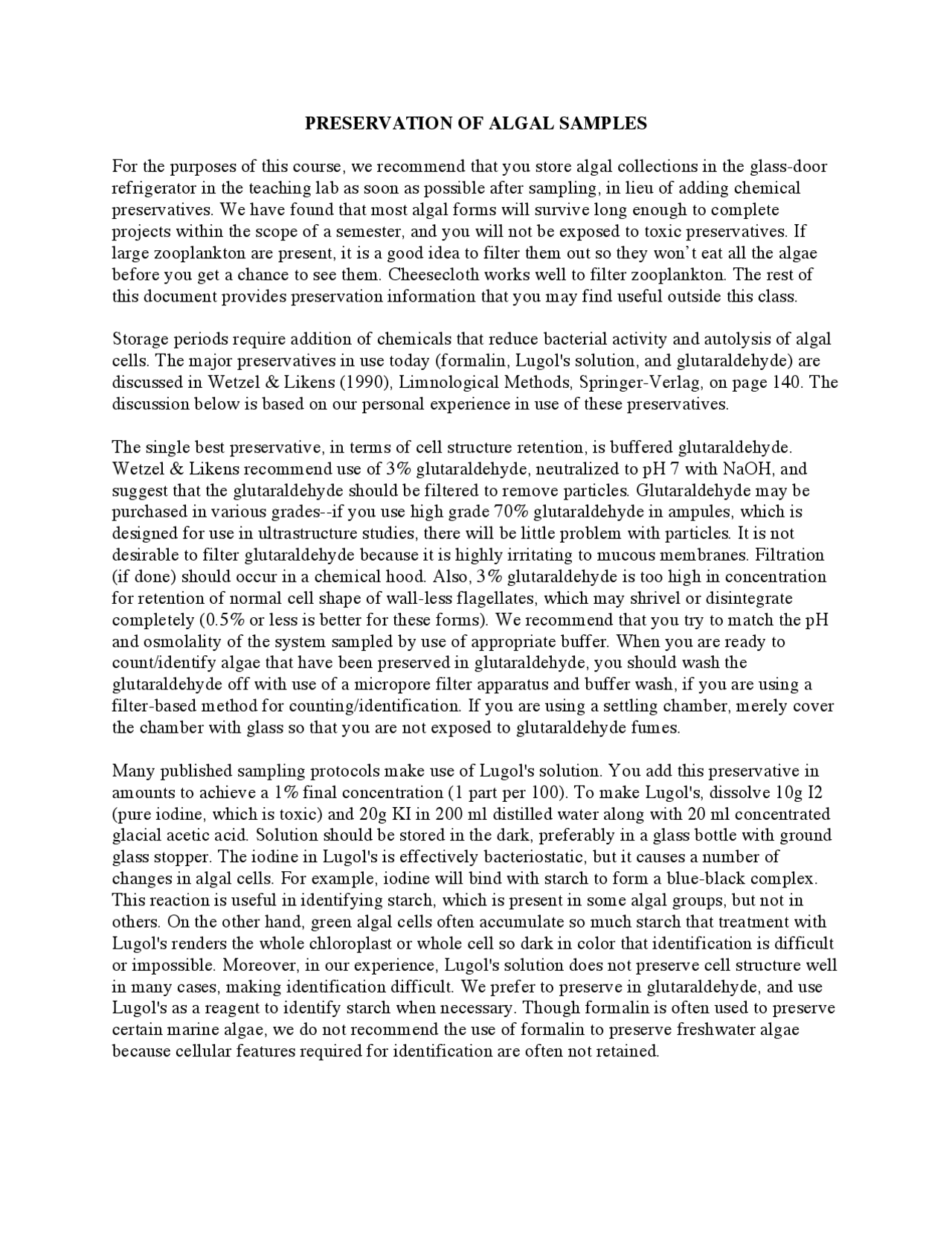 Algae - Preservation of Algal Samples | BOTANY 330 - Docsity