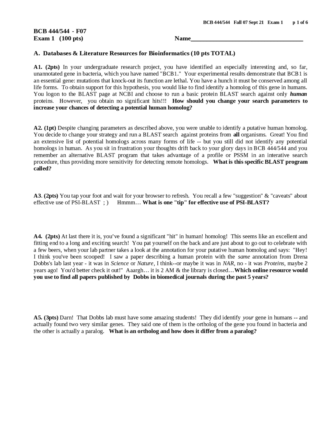 Exam 1 For Introduction To Bioinformatics Bcb 444 Docsity