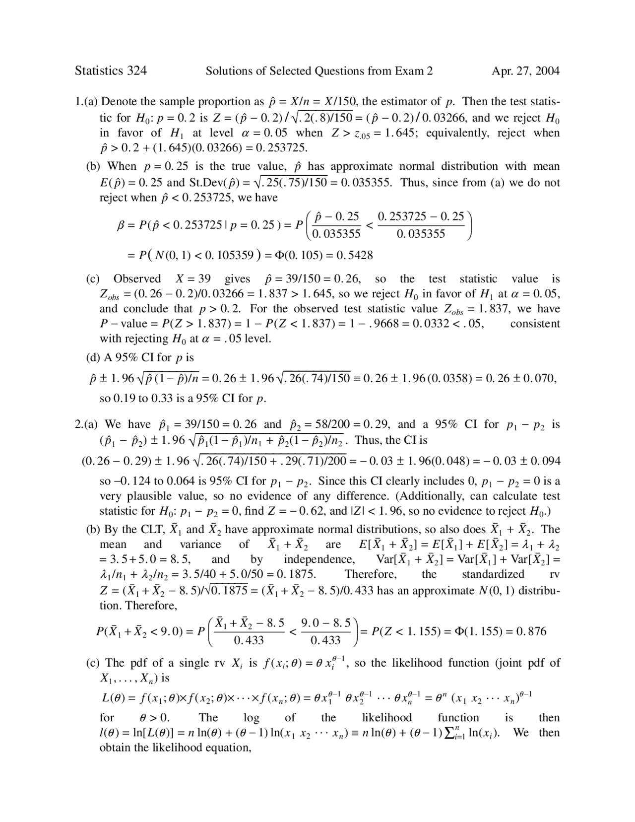 Exam 2 Solutions Introductory Applied Statistics For Engineers Stat