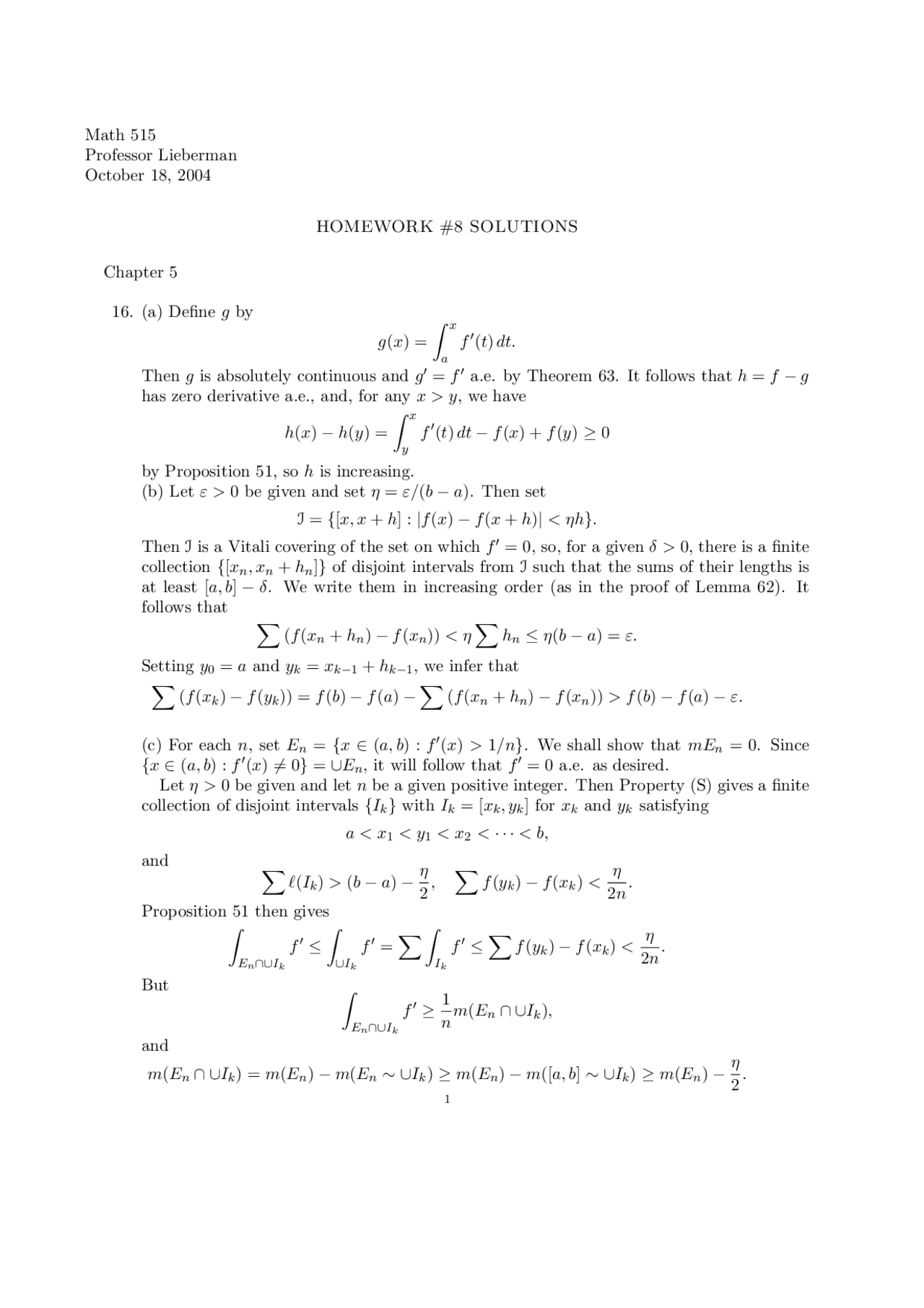 Homework 8 With Solutions Real Analysis I Math 515 Docsity