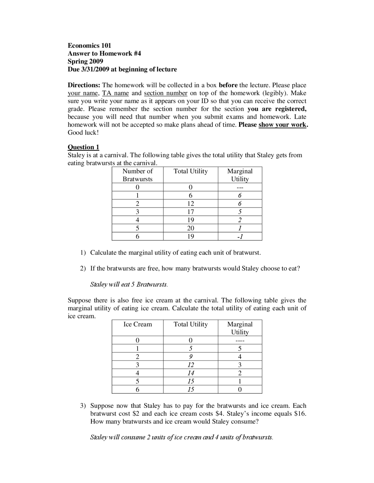 Answer To Homework 4 Principles Of Microeconomics Econ 101 Docsity