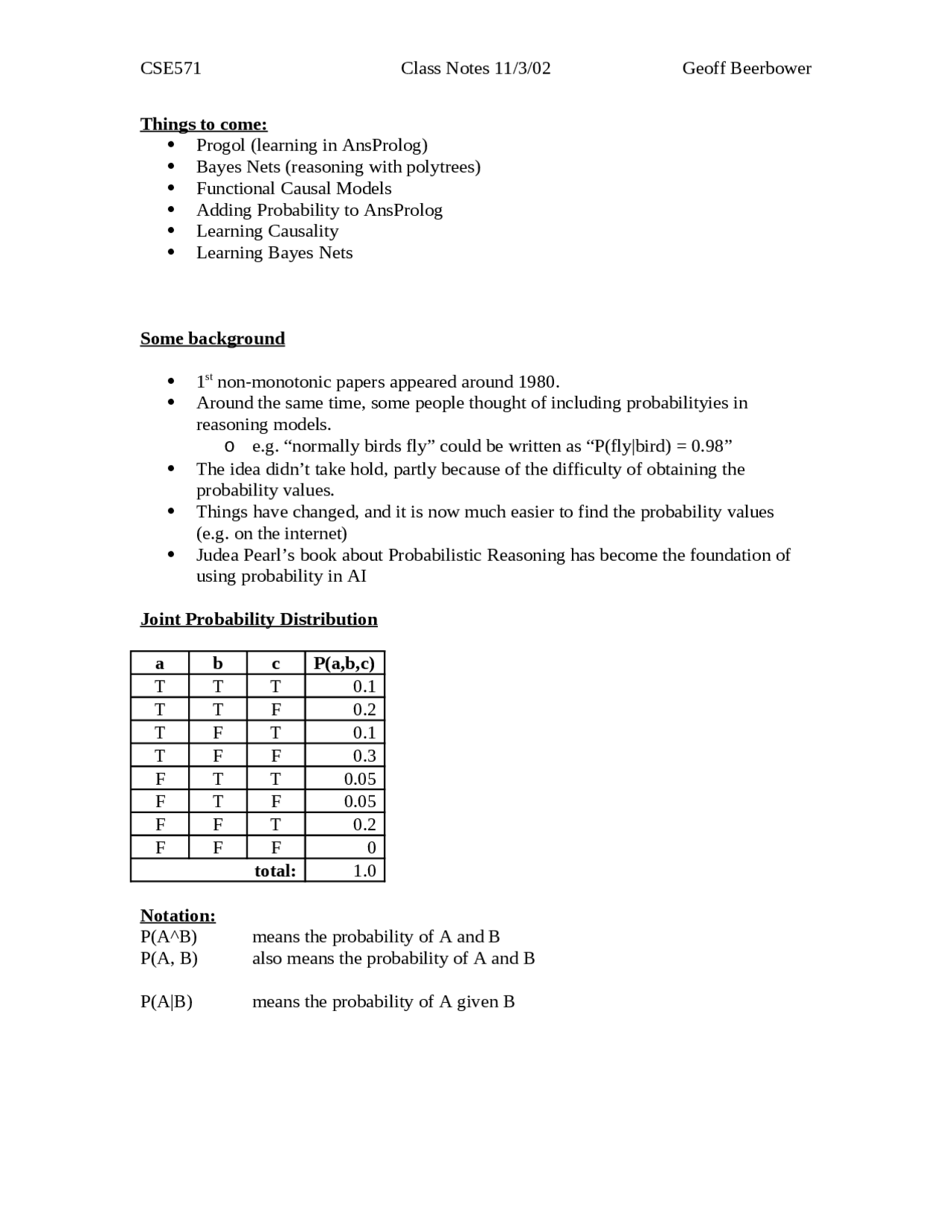 Joint Probability Distribution, Notation - Review Sheet | CSE 571 - Docsity