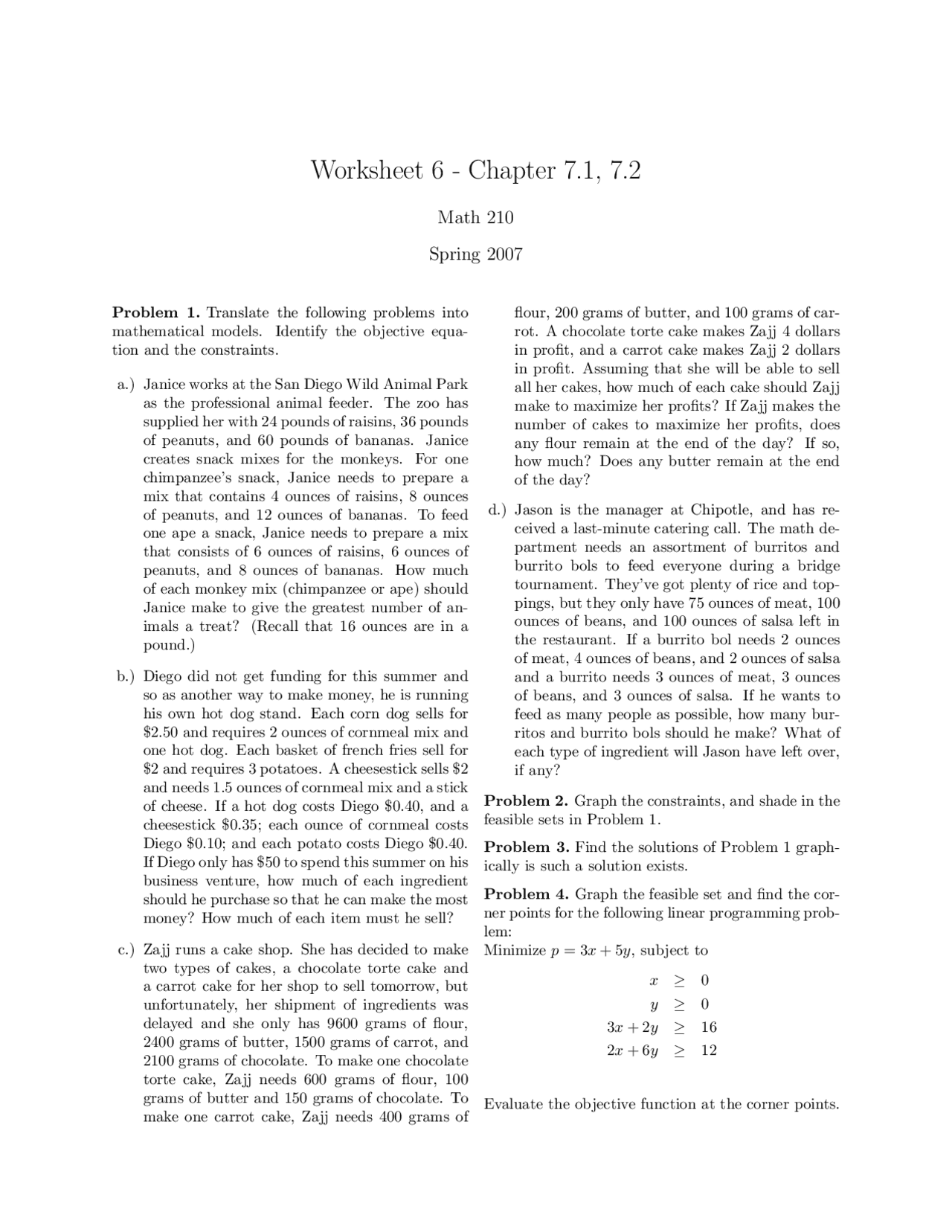Practice Worksheet 6 Topics In Finite Mathematics Math 210 Docsity