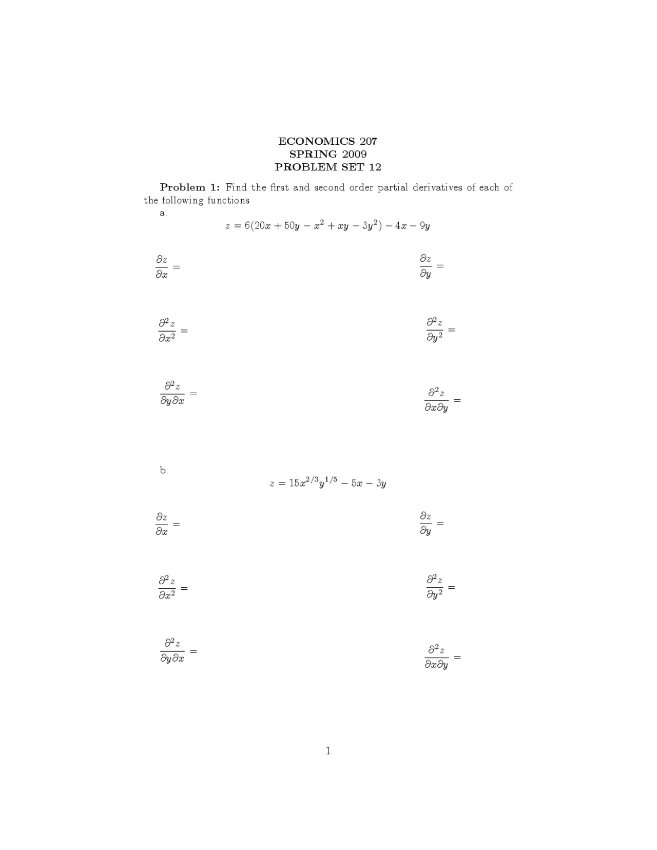 Application Of Economic Optimization Problem Set 12 Econ 207 Docsity