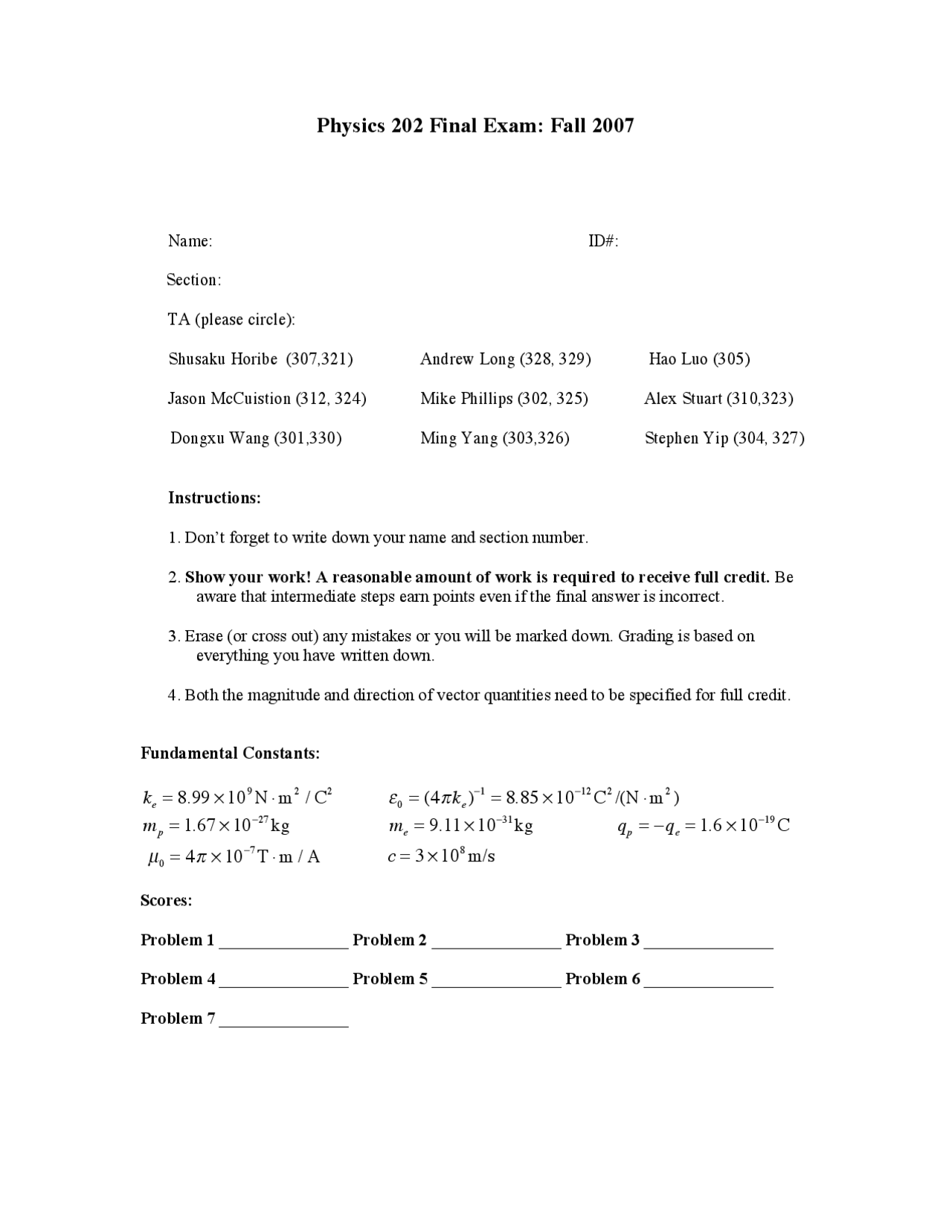 General Physics - Final Exam 2007 | PHYSICS 202 - Docsity
