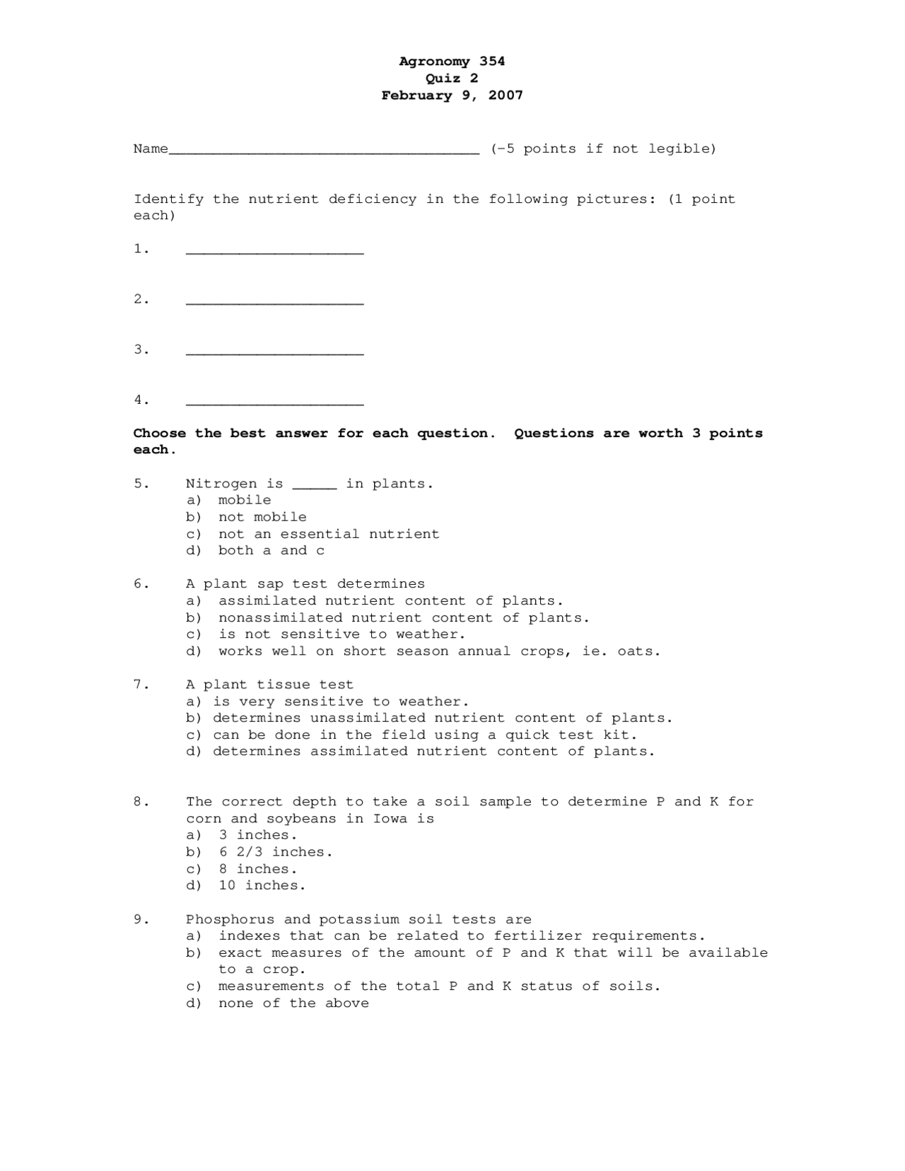 Practice Quiz 2 for Soils and Plant Growth | AGRON 354 - Docsity