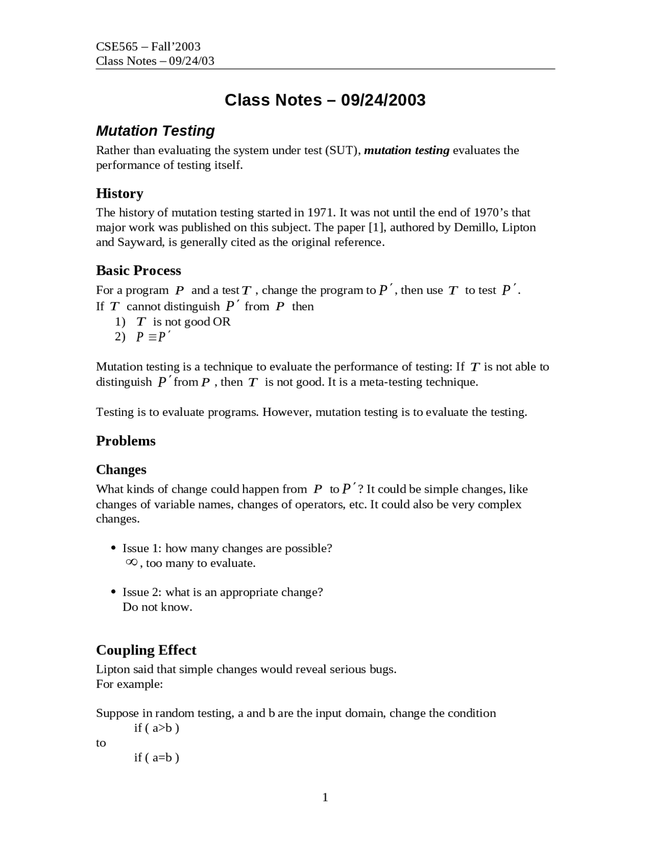 Notes On Mutation Testing Software Verificationvalidationtest Cse 565 Docsity