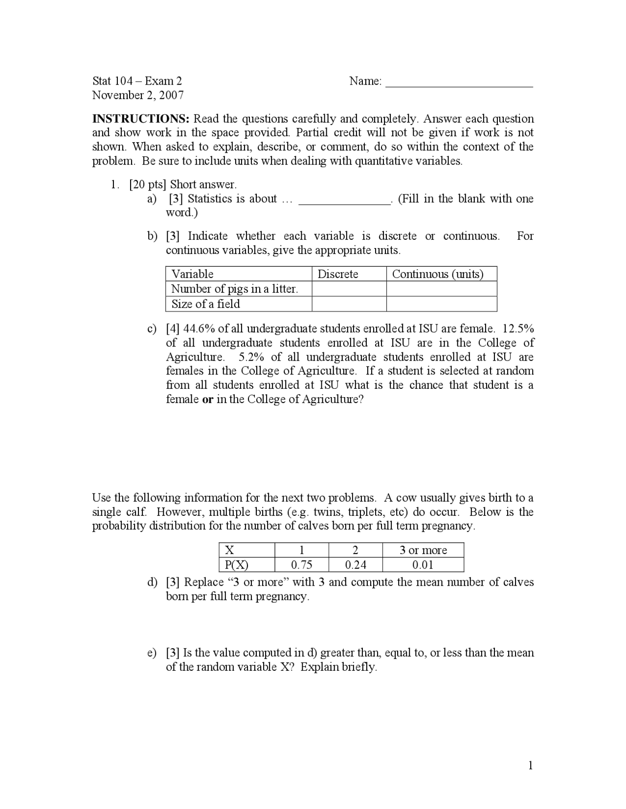 6 Questions Of Statistics Examination 2 Stat 104 Docsity
