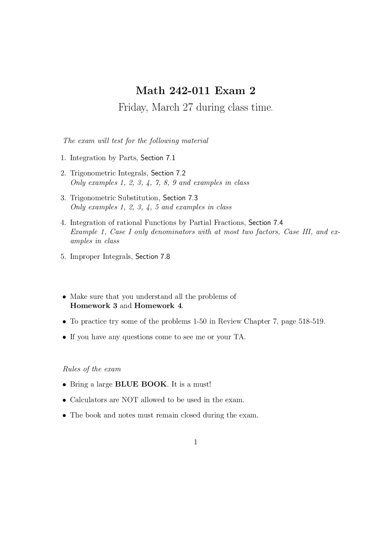Exam 2 Questions Analytic Geometry And Calculus B Math 242 Docsity