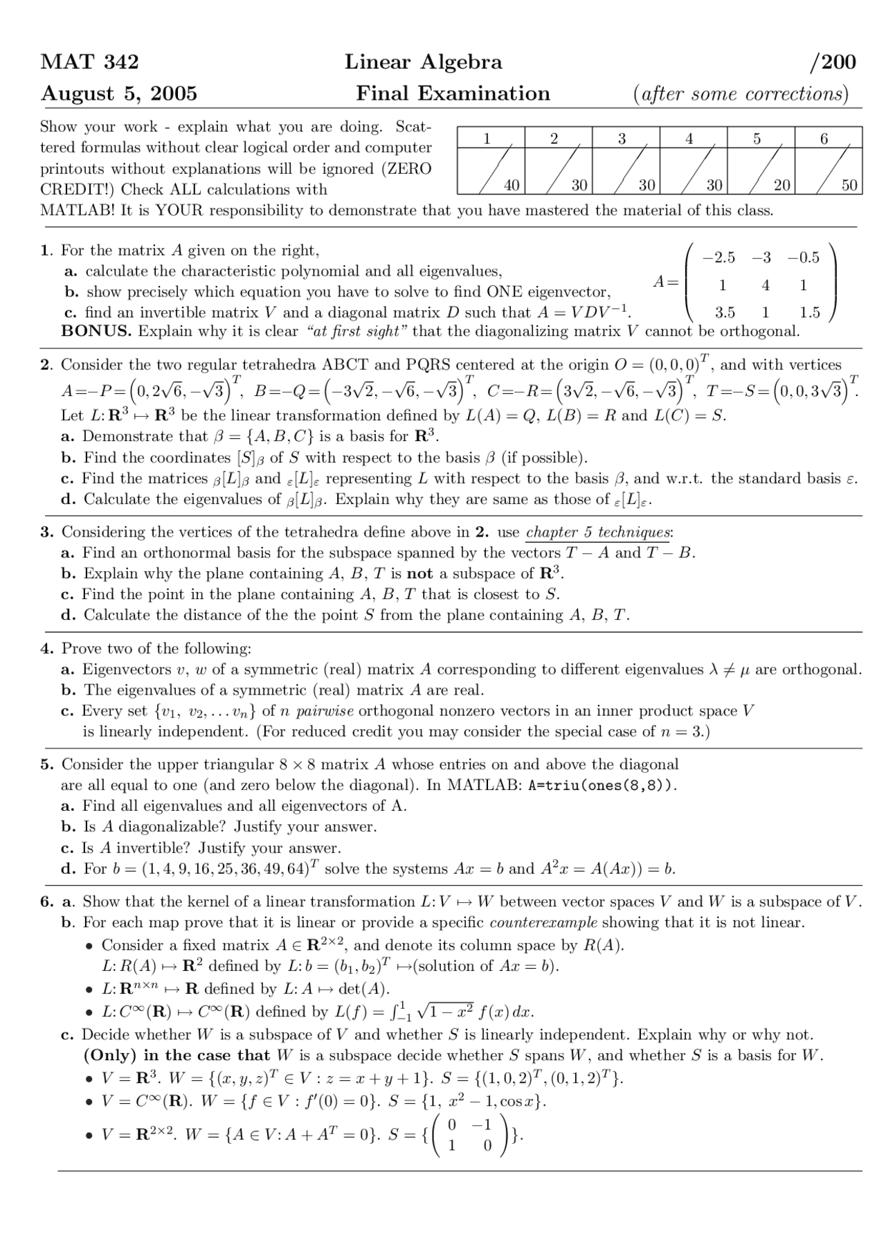 Linear Algebra Exam Solutions - August 2005 | Exams Linear Algebra | Docsity
