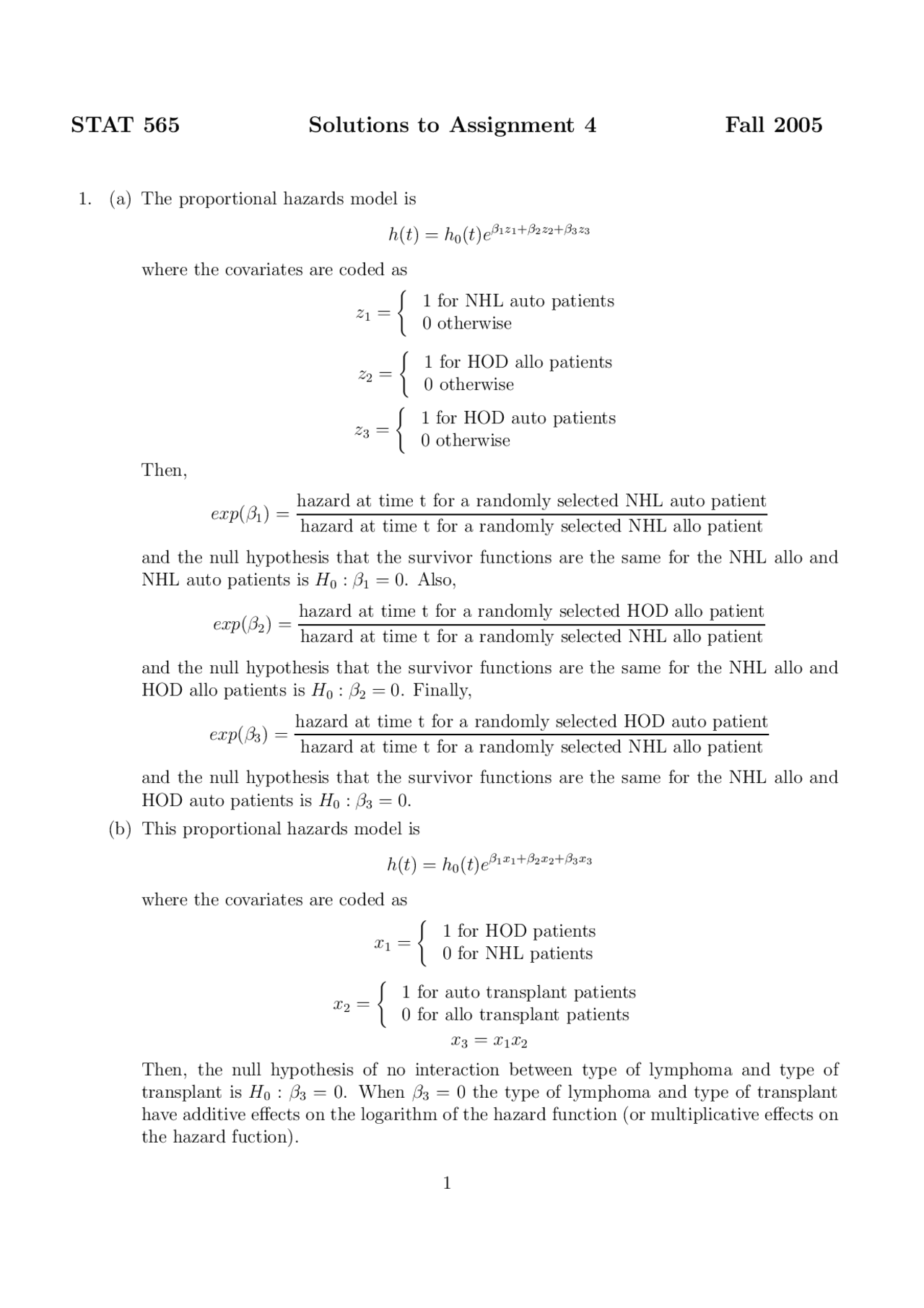 Methods In Biostatistics I Solutions For Assignment 4 Stat 565
